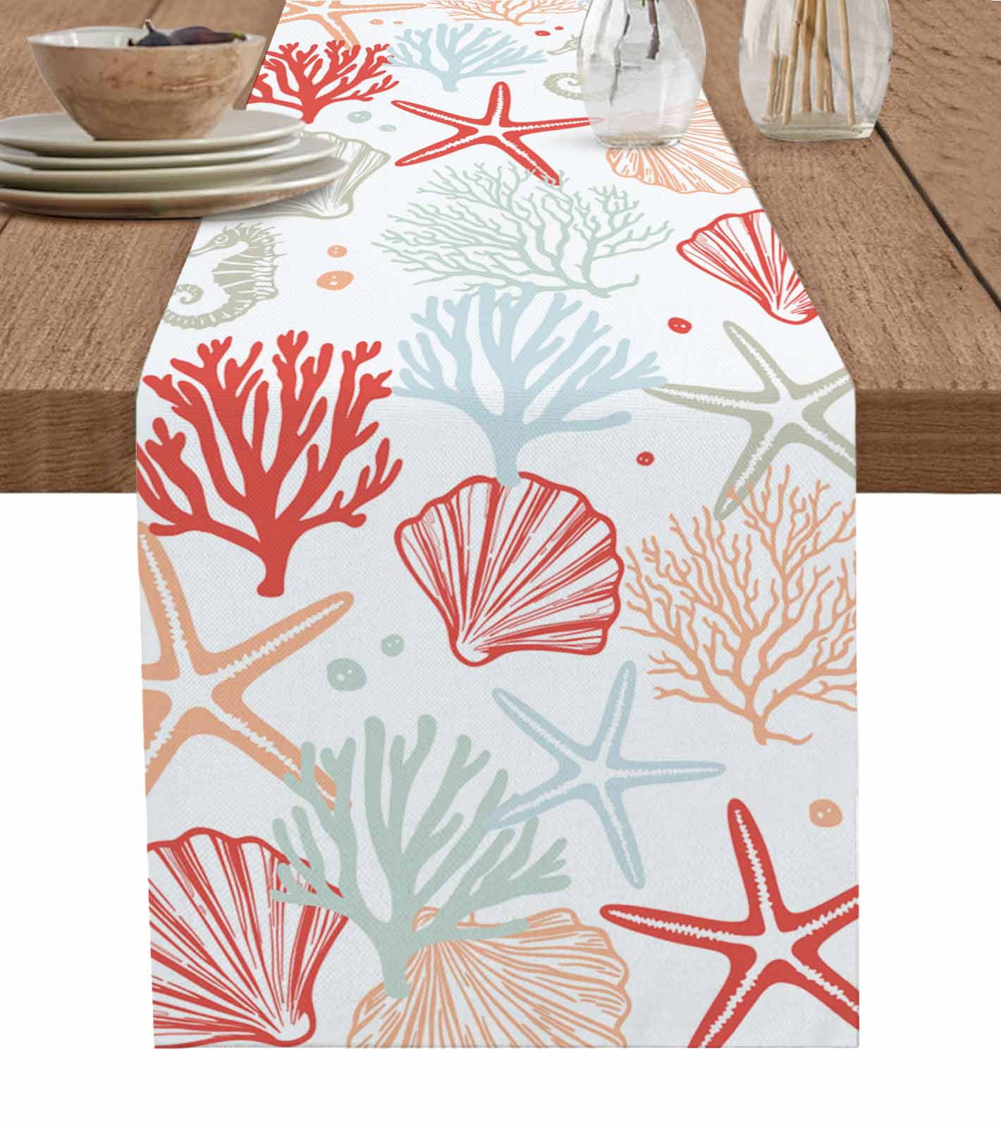 ERUNPONLY Ocean Orange Red Table Runner - 72 Inch Long Coastal Starfish ...