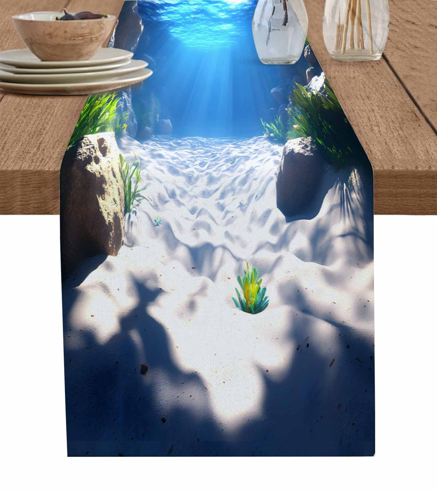 ERUNPONLY Ocean Summer Table Runner - 108 Inch Long Underwater Sunlight ...