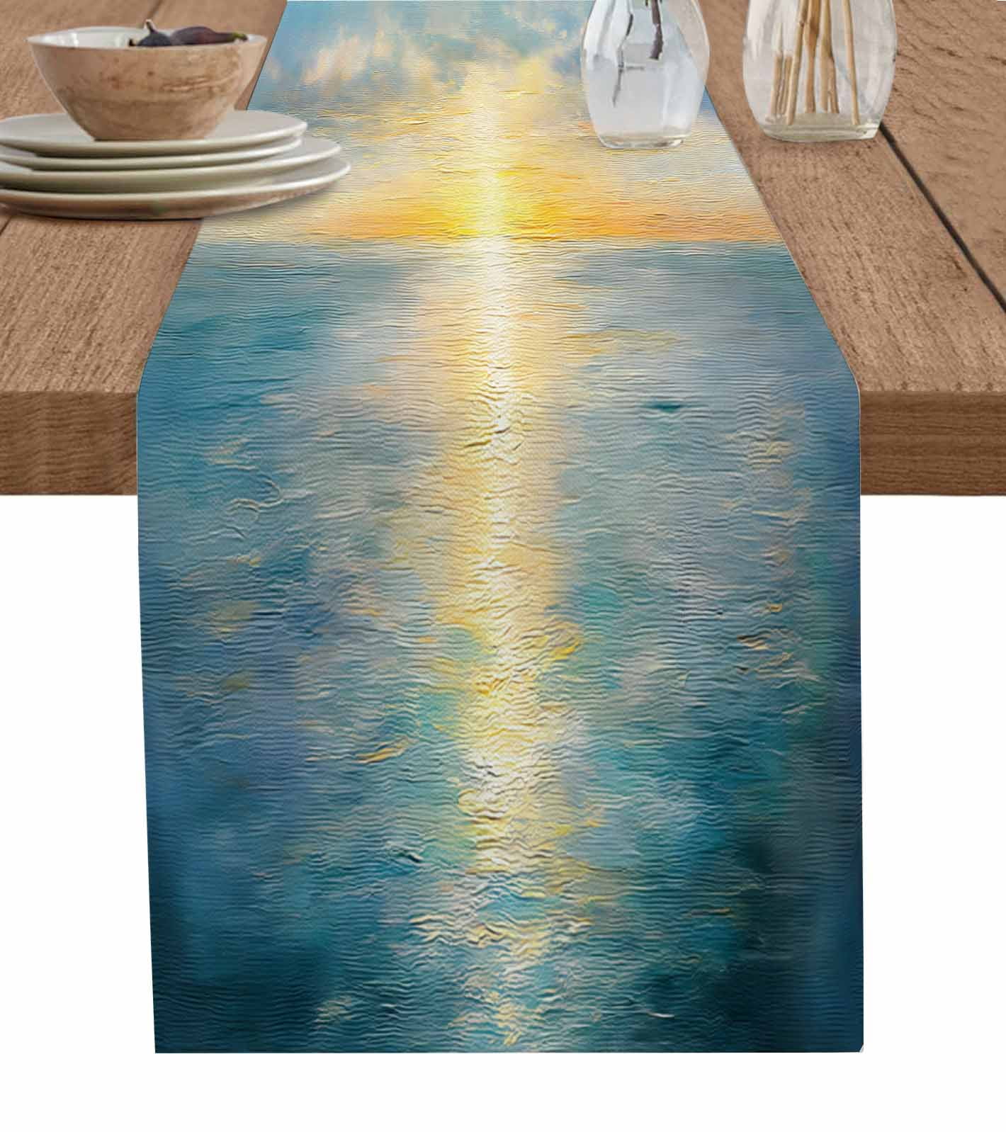 ERUNPONLY Ocean Sunset Table Runner - 90 Inch Long Blue Sky Sea ...
