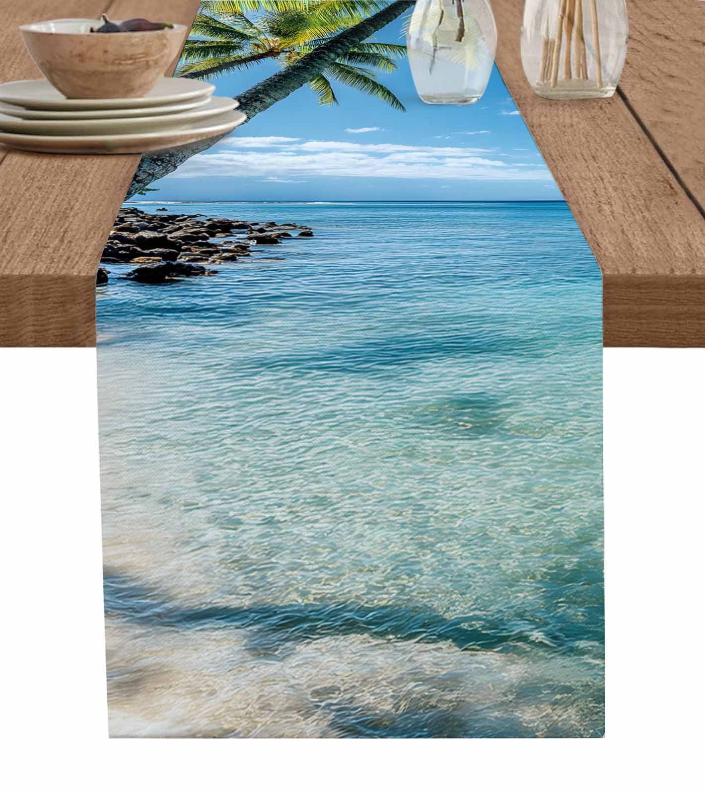ERUNPONLY Ocean Table Runner - 48 Inch Long Summer Palm Trees Blue Sky ...