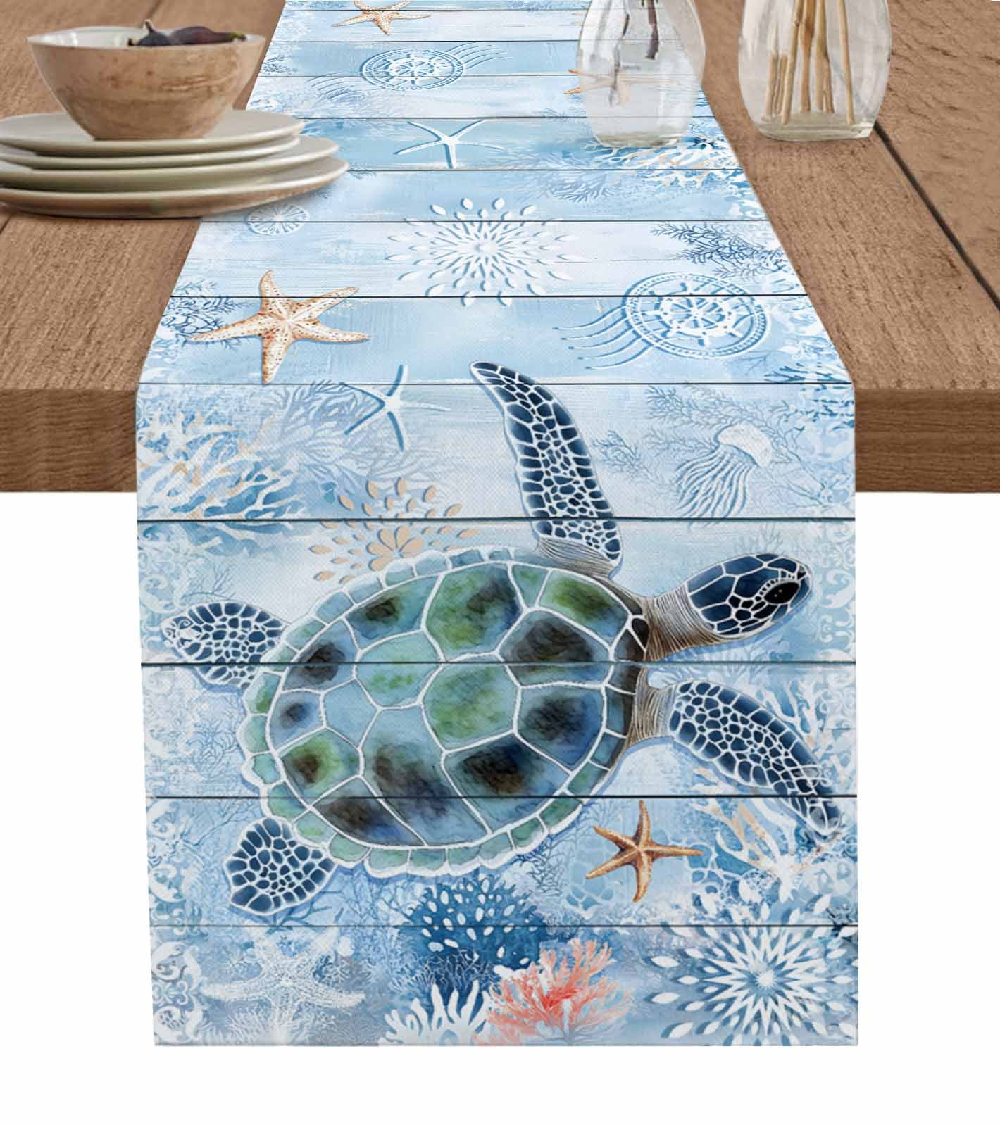 ERUNPONLY Ocean Turtle Table Runner - 72 Inch Long Blue Coral Coastal Starfish Nautical Shell ...