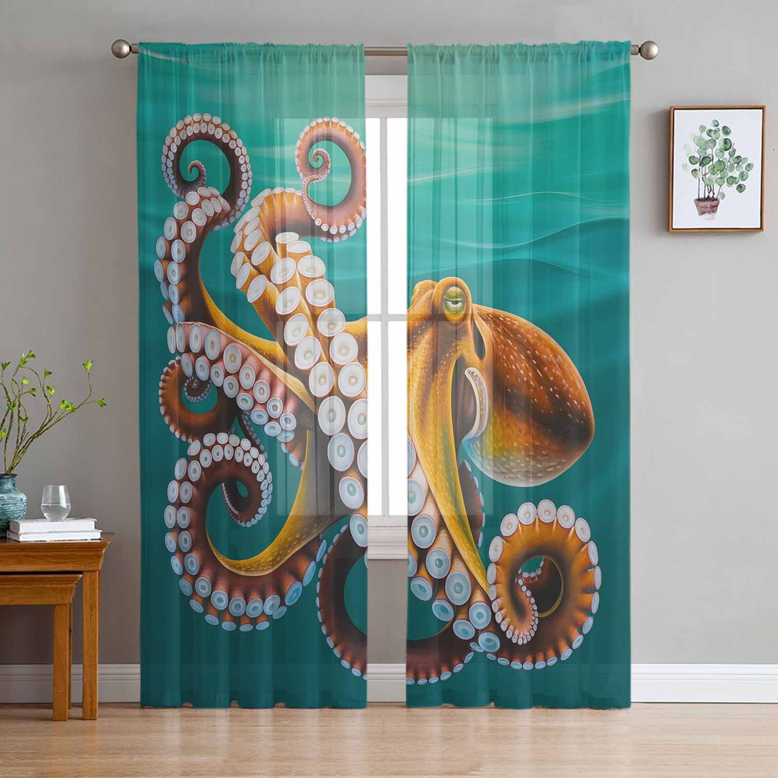 ERUNPONLY Octopus Coastal Sheer Curtains 63 Inch Length 2 Panels Set ...