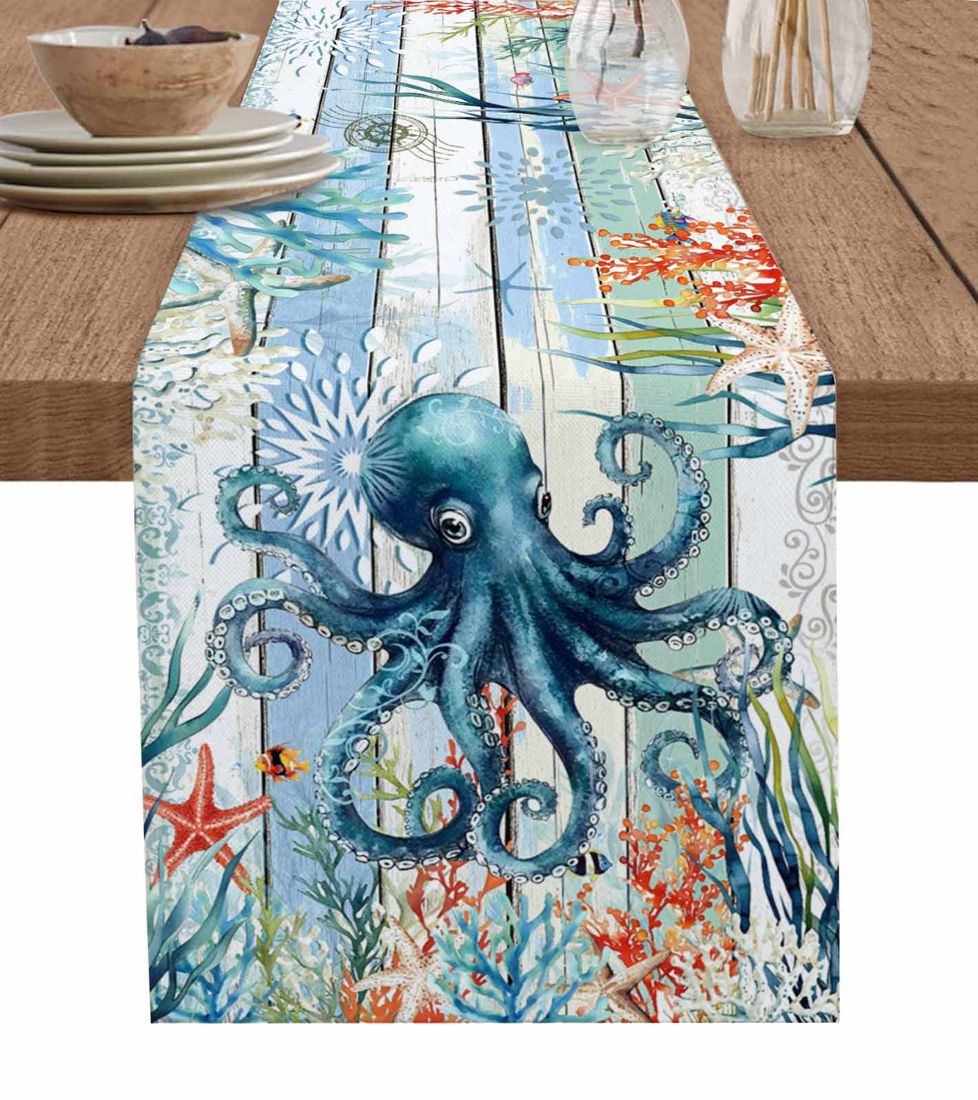 ERUNPONLY Octopus Coastal Table Runner - 72 Inch Long Summer Beach ...
