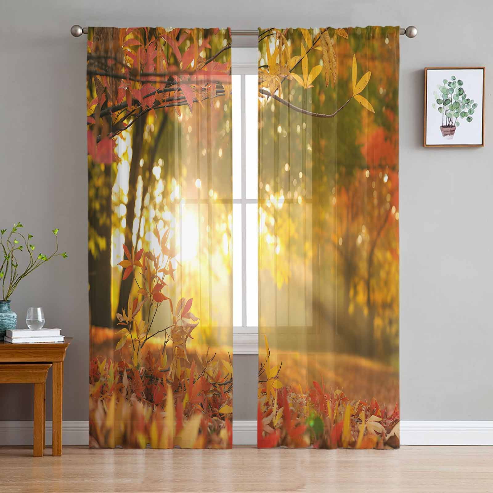 ERUNPONLY Orange Autumn Leaves Sheer Curtains 63 Inch Length 2 Panels ...