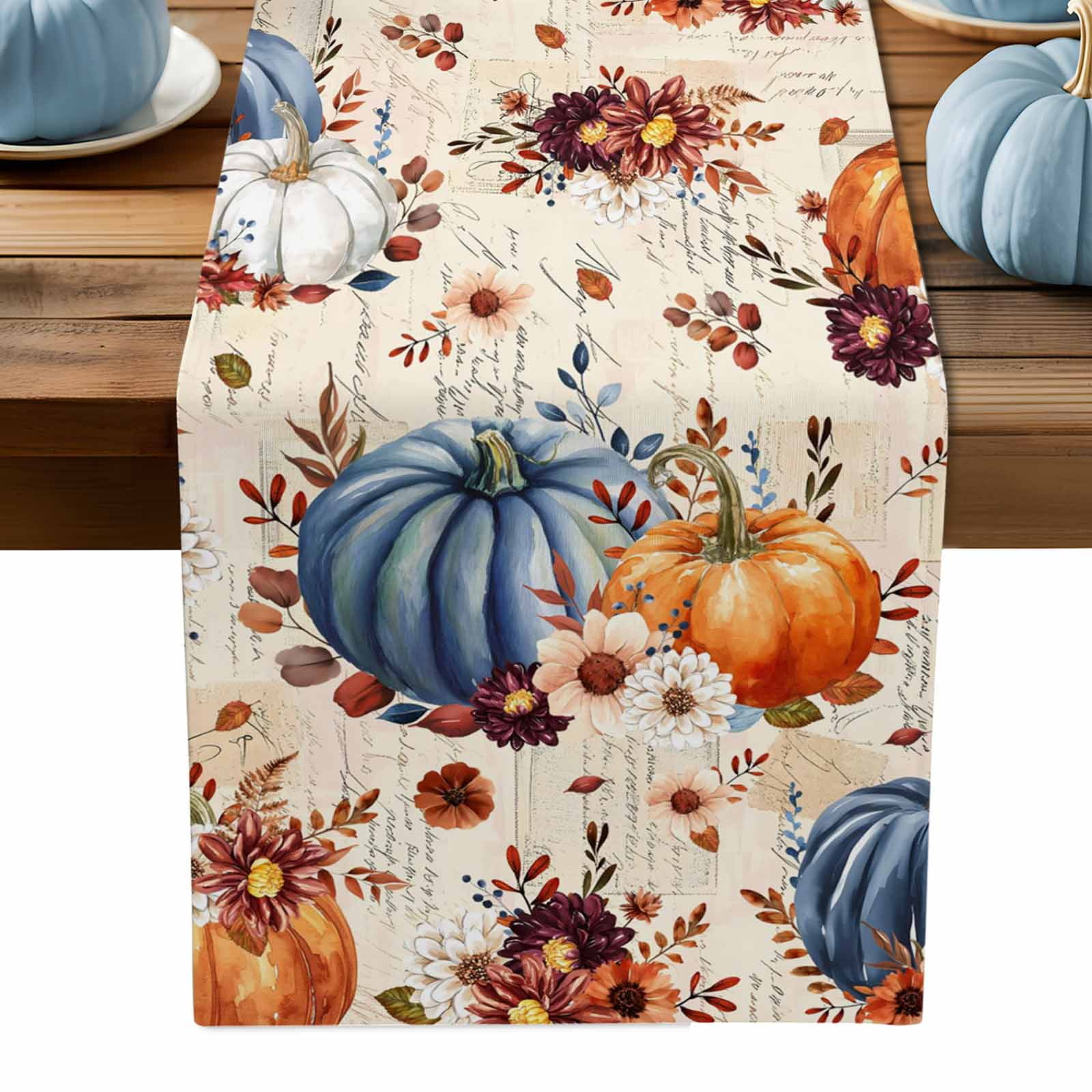 ERUNPONLY Orange Blue Fall Pumpkins Table Runner - 108 Inch Long Floral ...