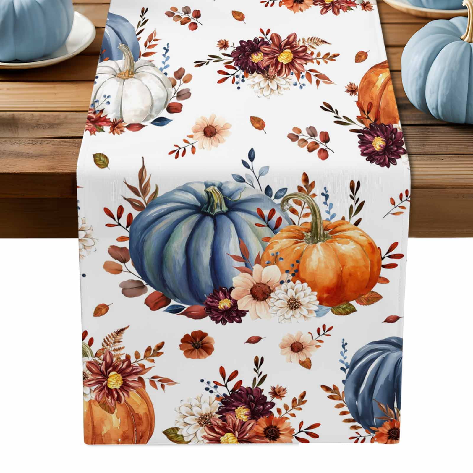 ERUNPONLY Orange Blue Fall Pumpkins Table Runner - 120 Inch Long Floral ...