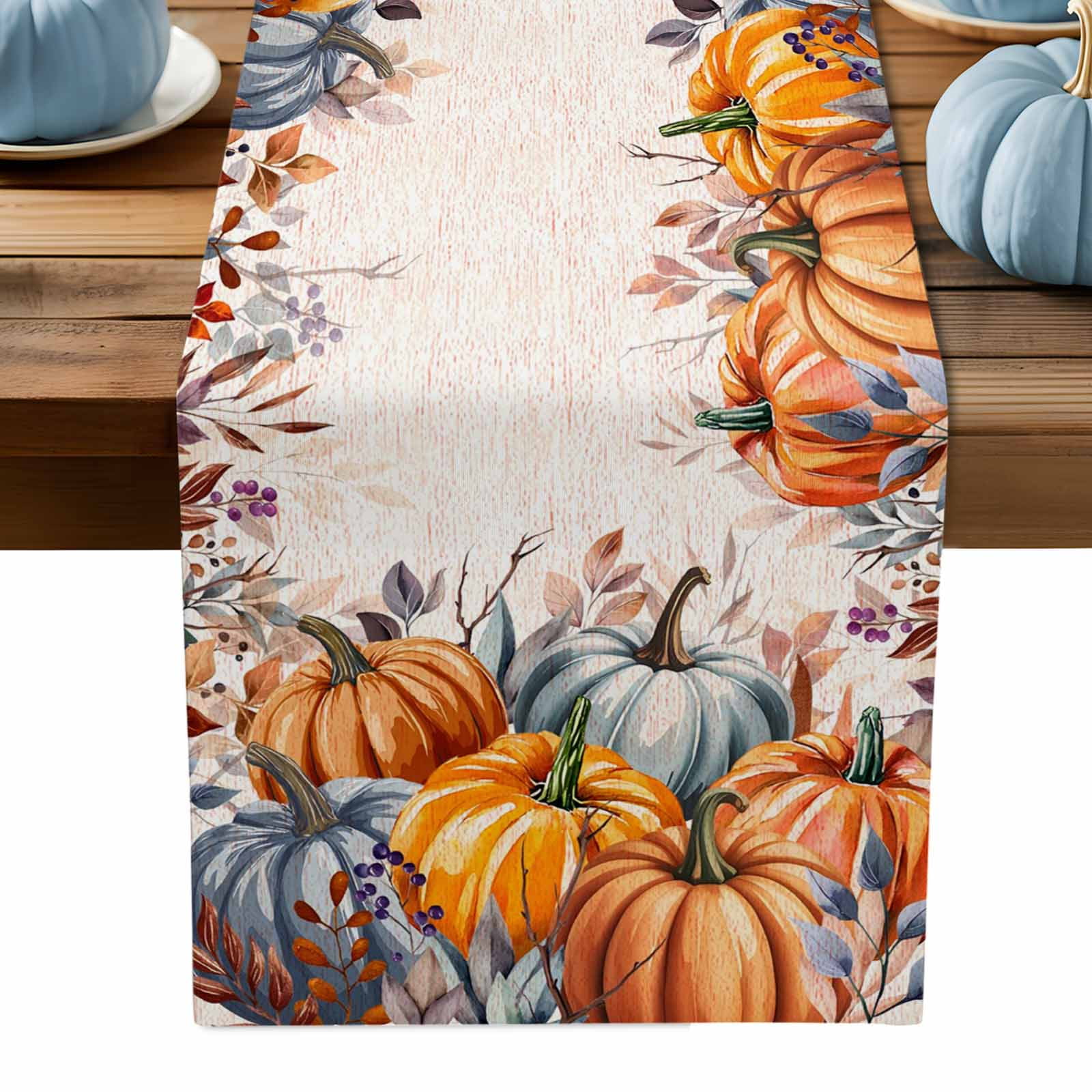 ERUNPONLY Orange Blue Fall Table Runner - 108 Inch Long Thanksgiving ...