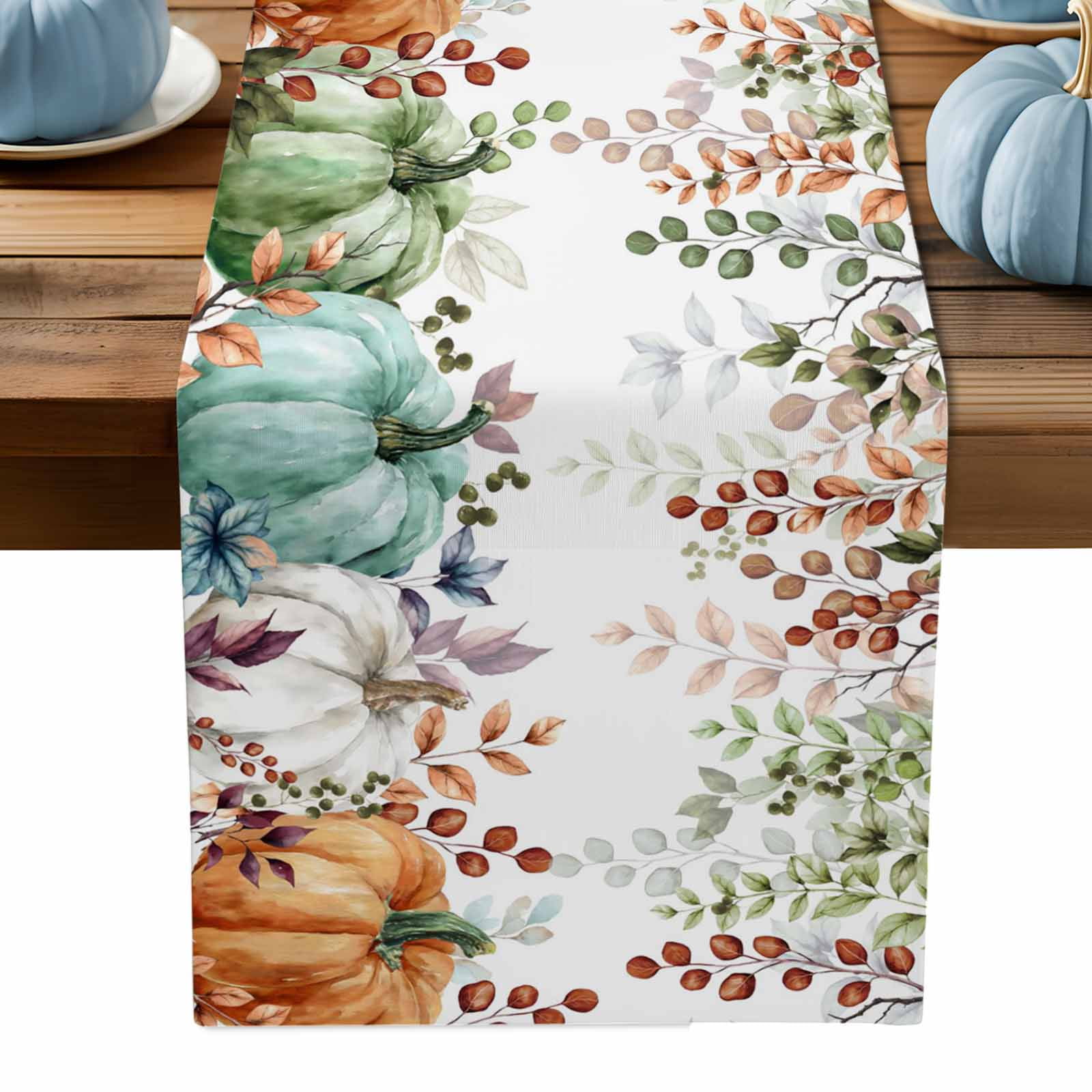ERUNPONLY Orange Blue Green Fall Table Runner - 108 Inch Long Pumpkins ...