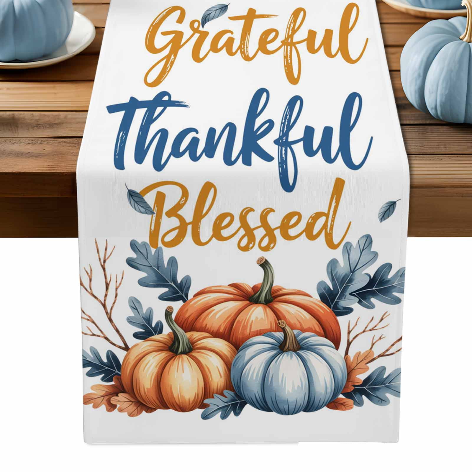ERUNPONLY Orange Blue Pumpkins Fall Table Runner - 108 Inch Long ...