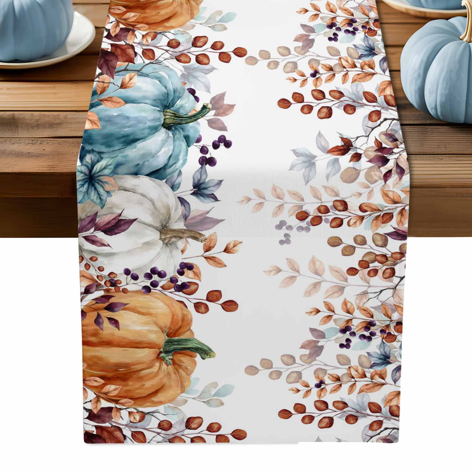 ERUNPONLY Orange Blue Pumpkins Fall Table Runner - 108 Inch Long ...