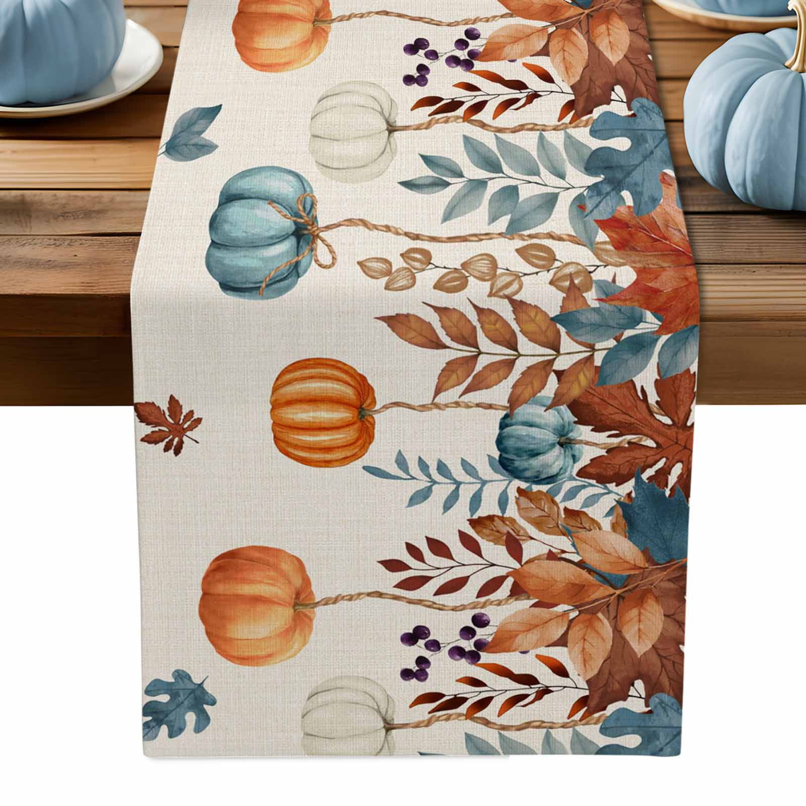 ERUNPONLY Orange Blue Pumpkins Fall Table Runner - 60 Inch Long Weeping ...