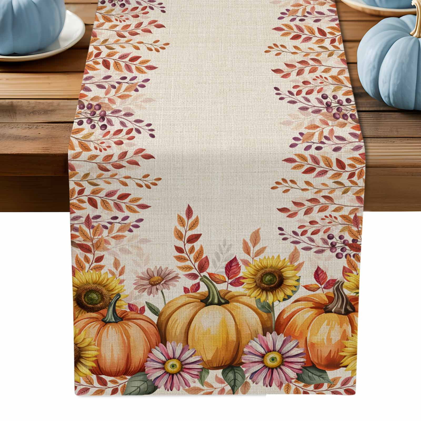 ERUNPONLY Orange Eucalyptus Fall Table Runner - 72 Inch Long Pumpkins ...