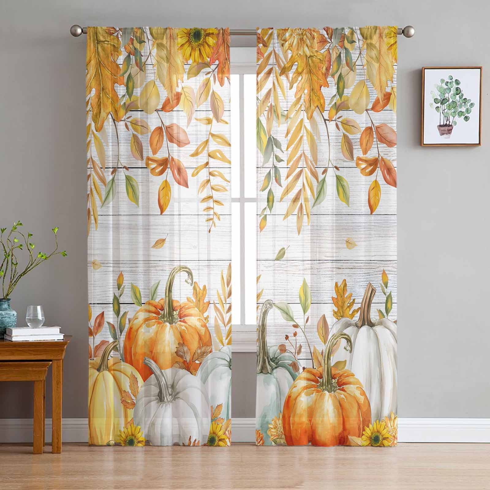 ERUNPONLY Orange Fall Sheer Curtains 84 Inch Length 2 Panels Set ...