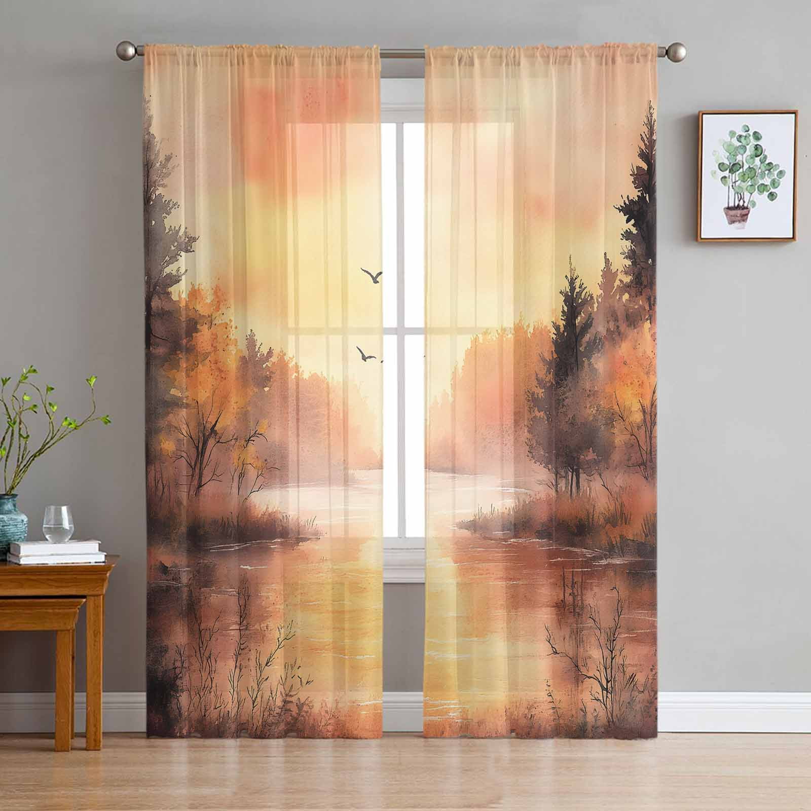 ERUNPONLY Orange Forest Sheer Curtains 72 Inch Length 2 Panels Set ...