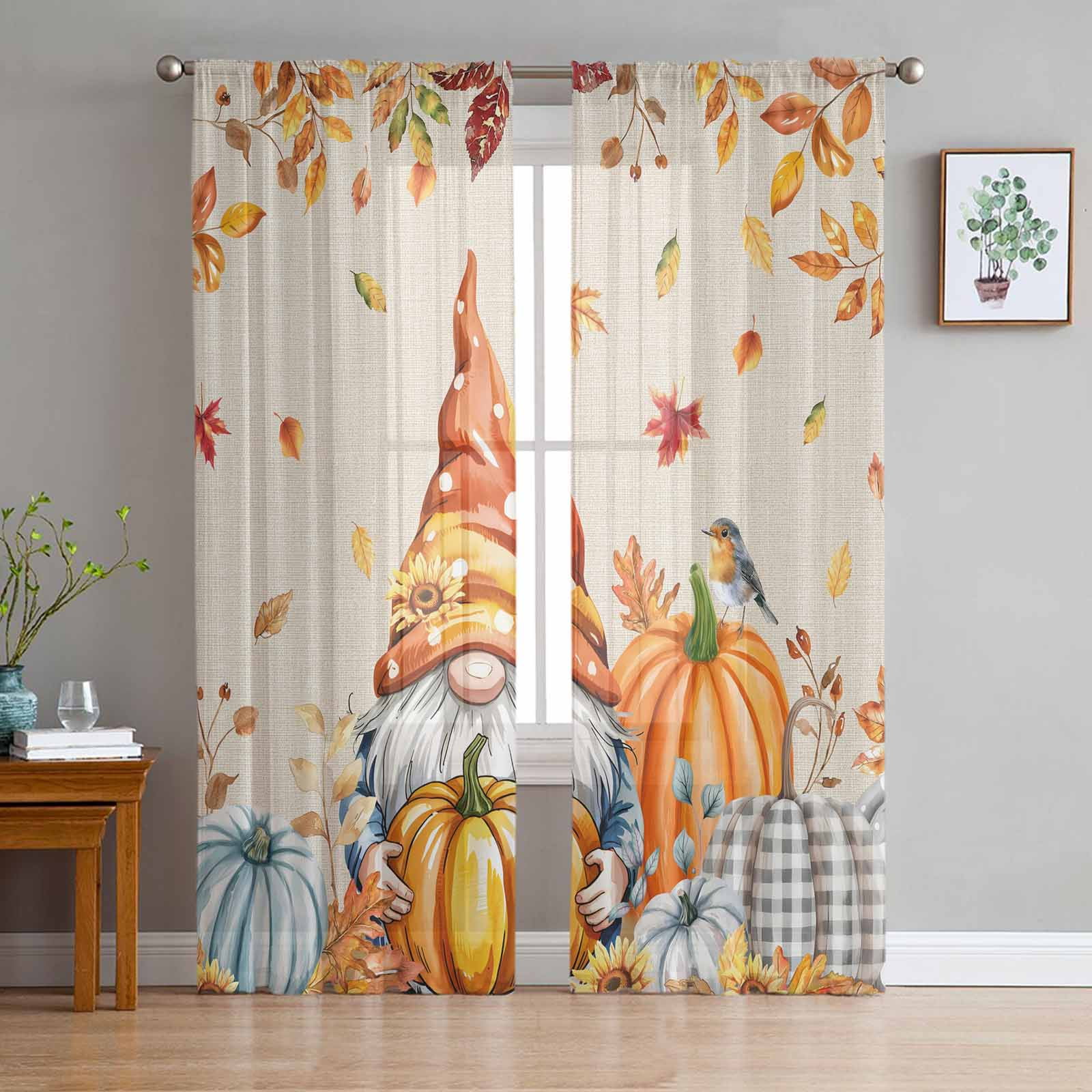 ERUNPONLY Orange Gnomes Fall Sheer Curtains 84 Inch Length 2 Panels Set ...