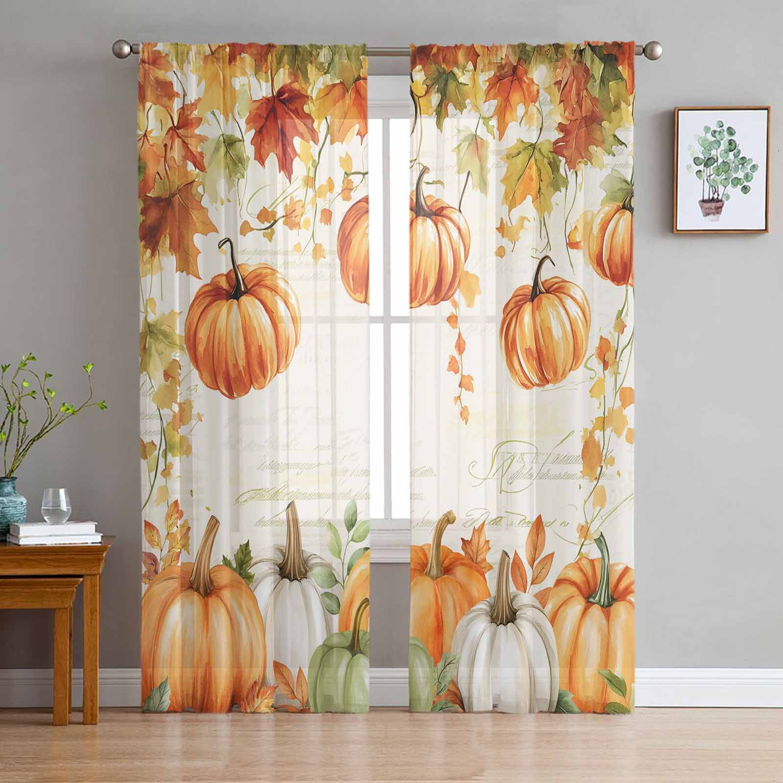 ERUNPONLY Orange Green Pumpkins Fall Sheer Curtains 96 Inch Length 2 ...