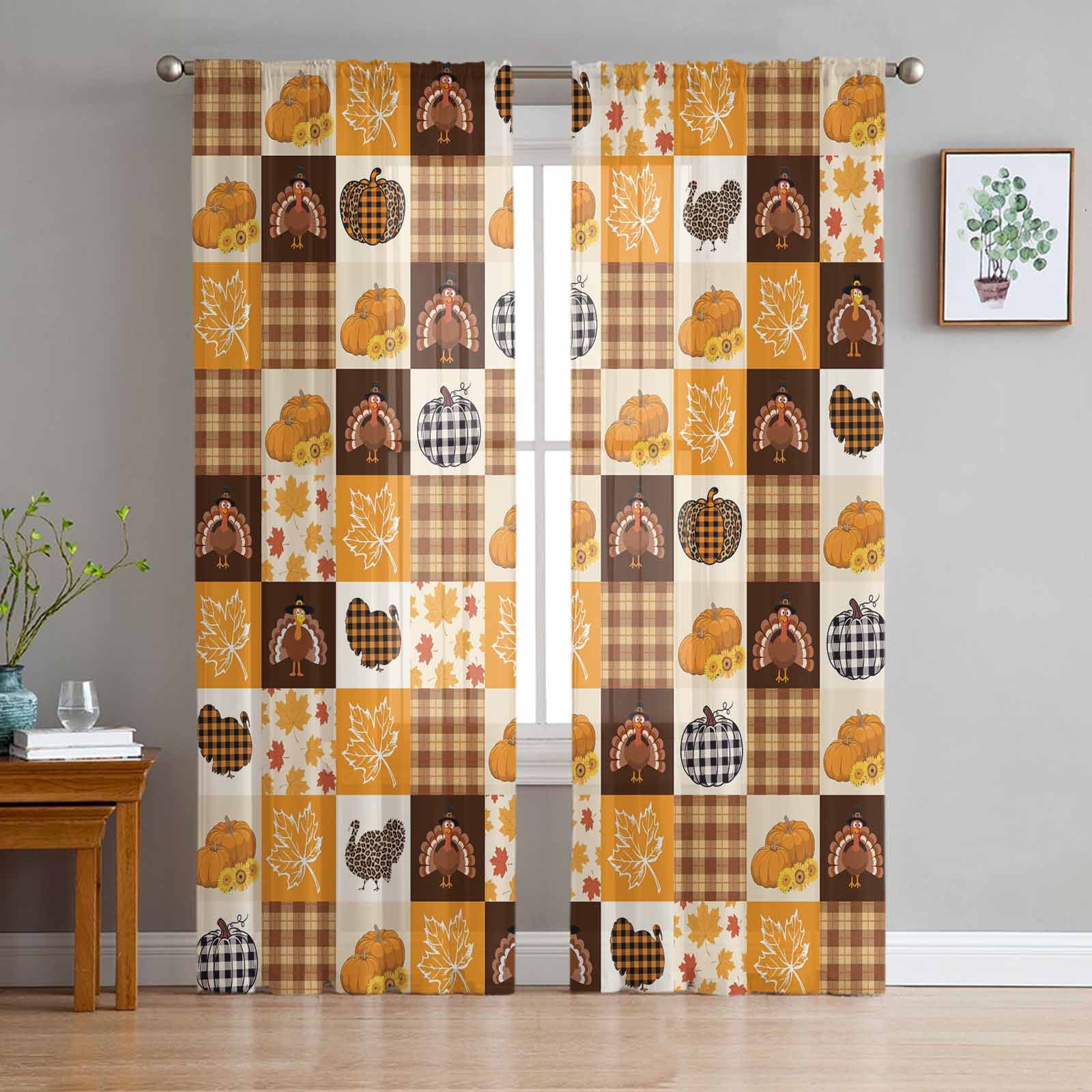 ERUNPONLY Orange Plaid Fall Sheer Curtains 96 Inch Length 2 Panels Set ...