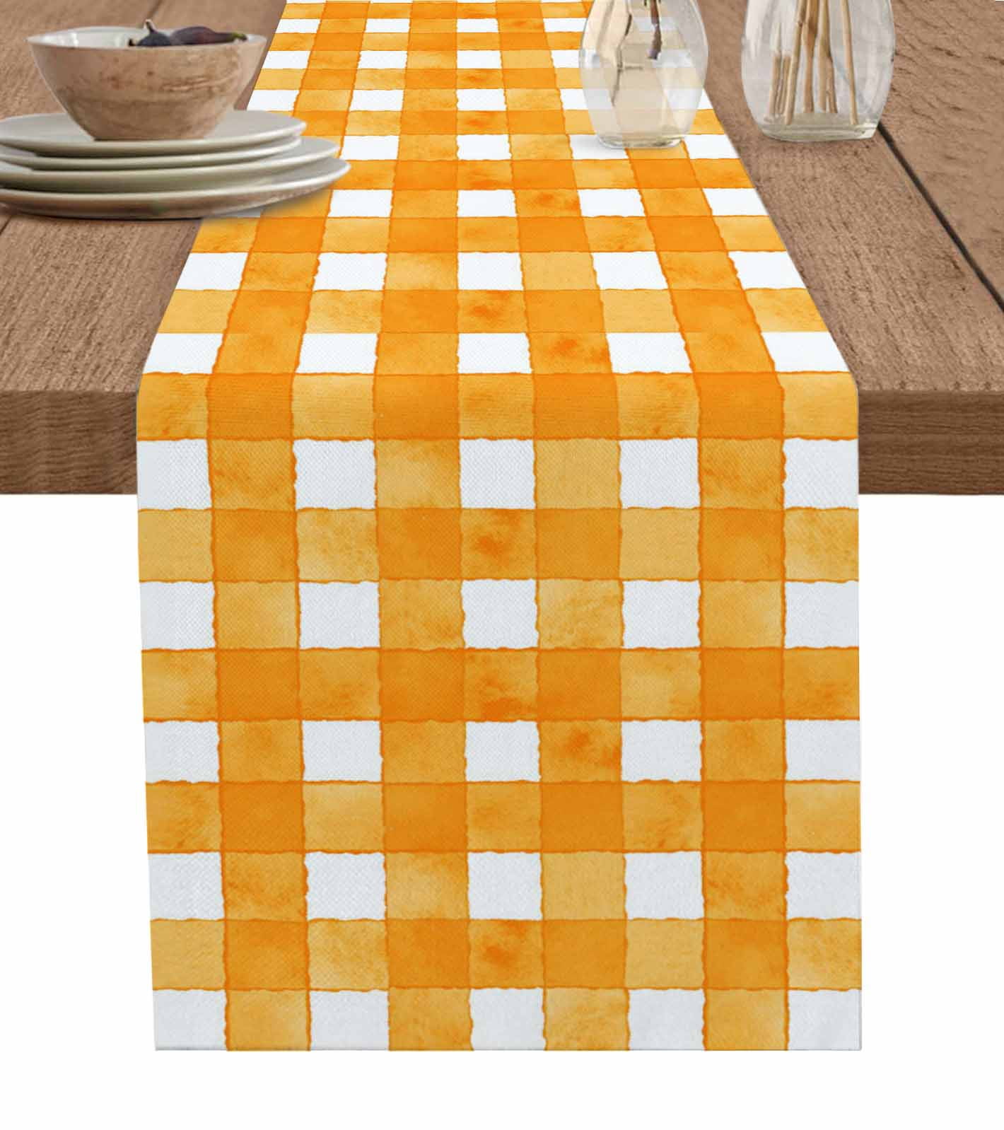 ERUNPONLY Orange Plaid Table Runner - 72 Inch Long Watercolor Grid ...