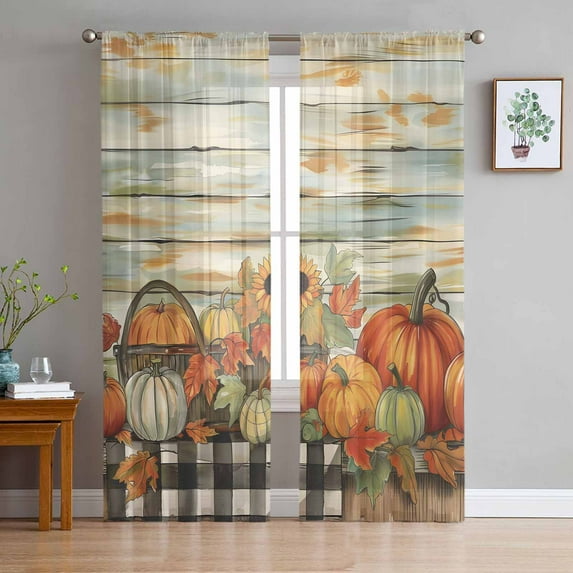ERUNPONLY Orange Pumpkin Fall Sheer Curtains 63 Inch Length 2 Panels ...