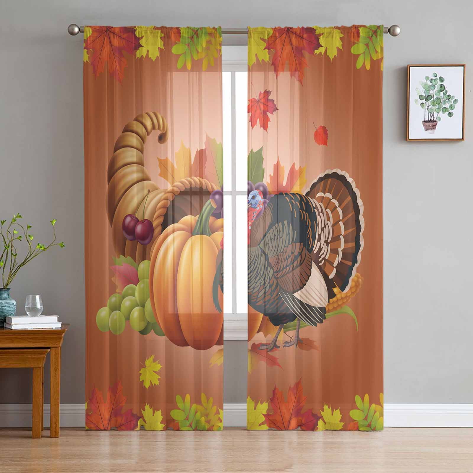 ERUNPONLY Orange Pumpkin Fall Sheer Curtains 84 Inch Length 2 Panels ...
