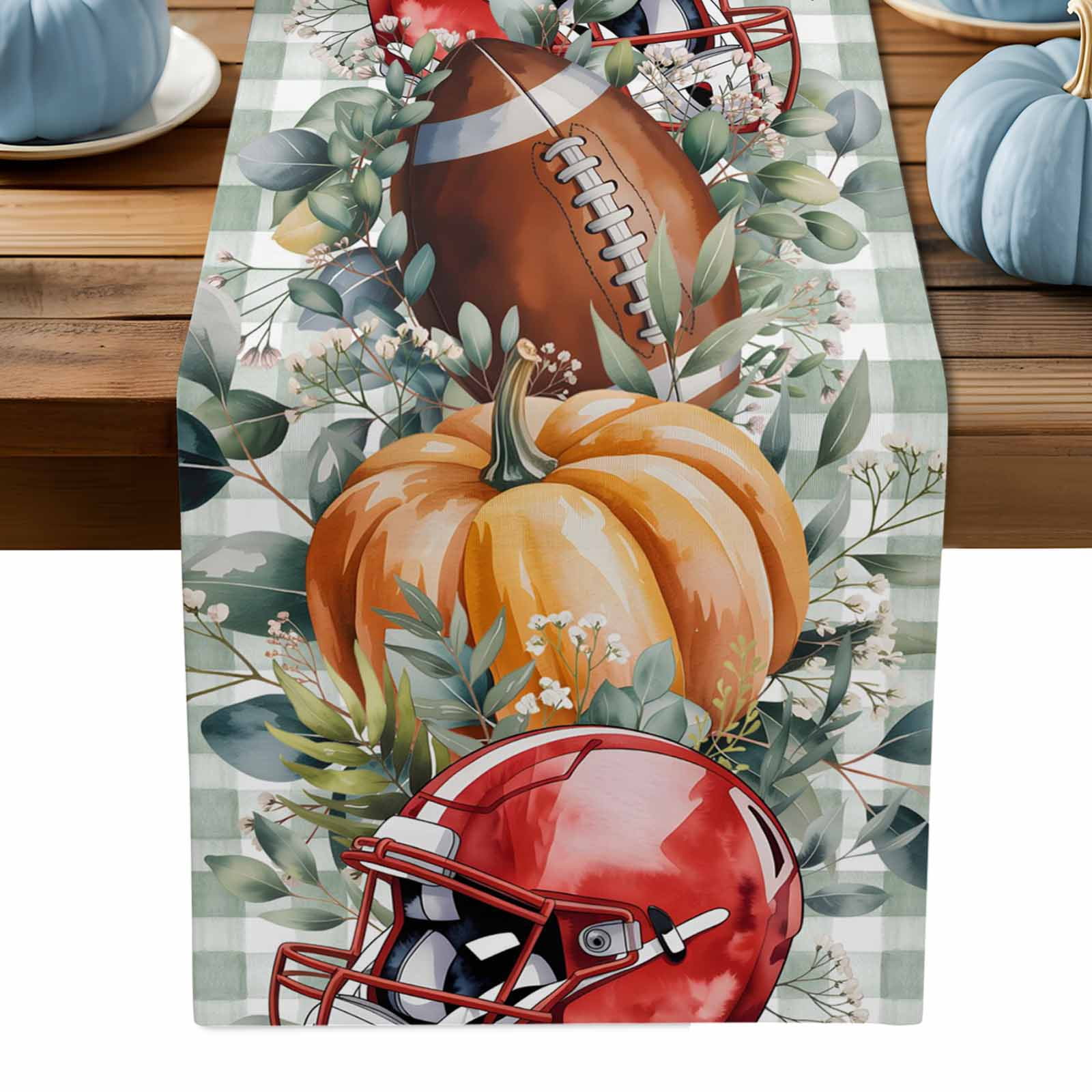 ERUNPONLY Orange Pumpkin Fall Table Runner - 72 Inch Long Green Plaid ...