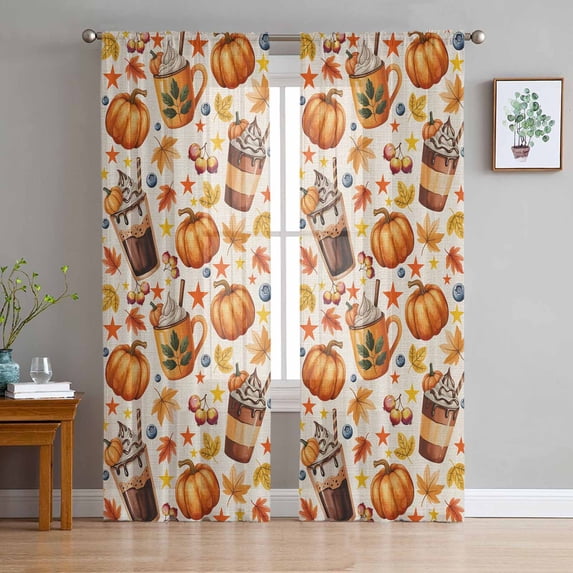 ERUNPONLY Orange Pumpkins Fall Sheer Curtains 63 Inch Length 2 Panels ...