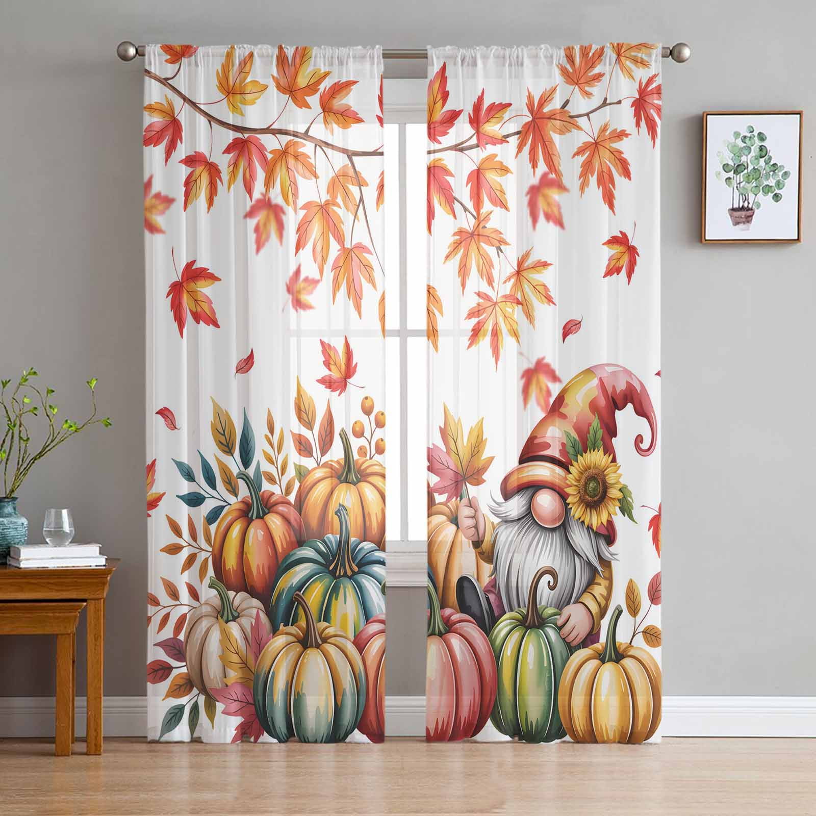 ERUNPONLY Orange Pumpkins Fall Sheer Curtains 72 Inch Length 2 Panels Set, Gnomes Thanksgiving ...