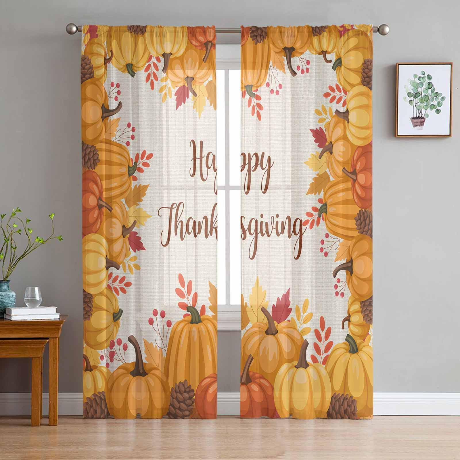 ERUNPONLY Orange Pumpkins Fall Sheer Curtains 96 Inch Length 2 Panels Set, Thanksgiving ...