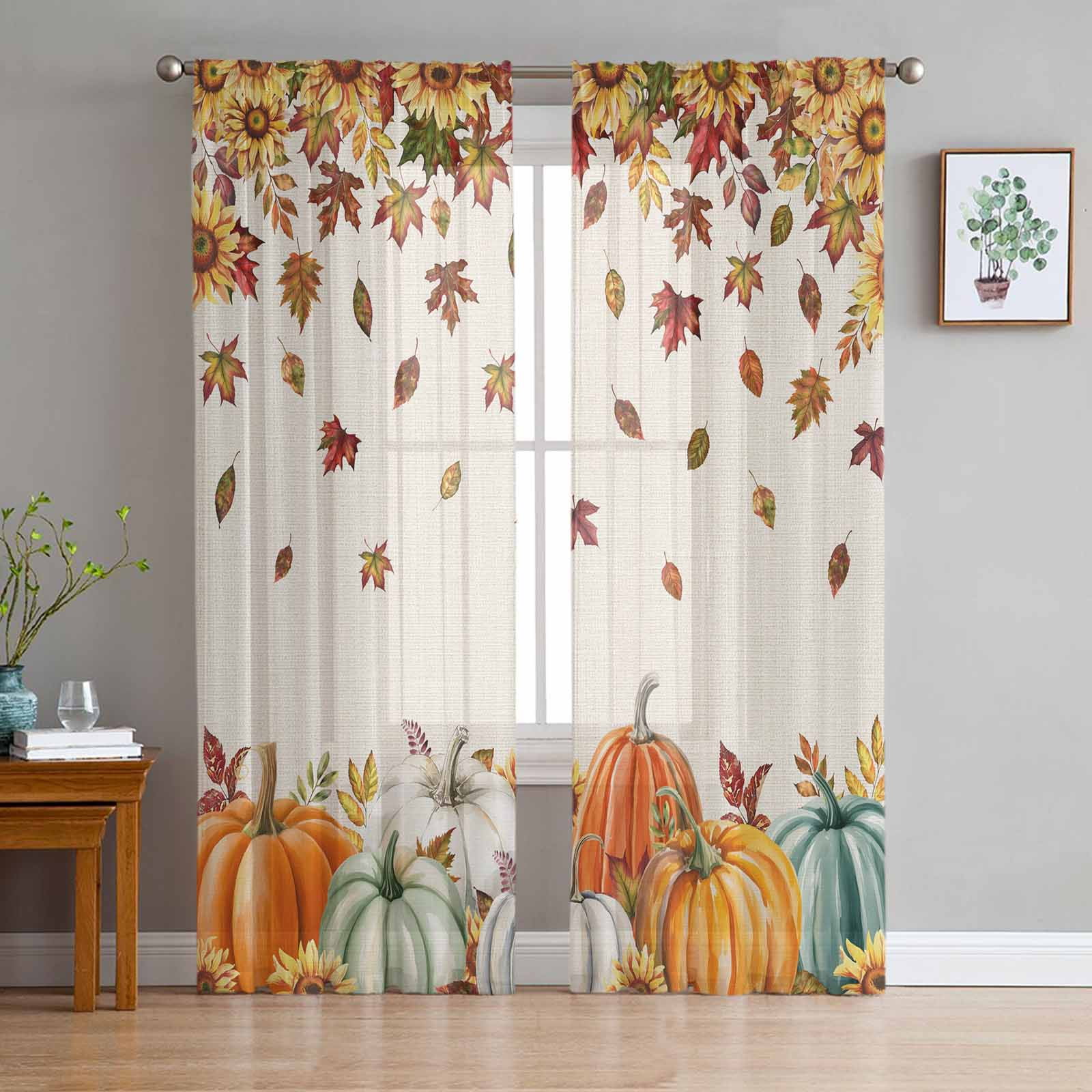 ERUNPONLY Orange Pumpkins Fall Sheer Curtains 96 Inch Length 2 Panels ...