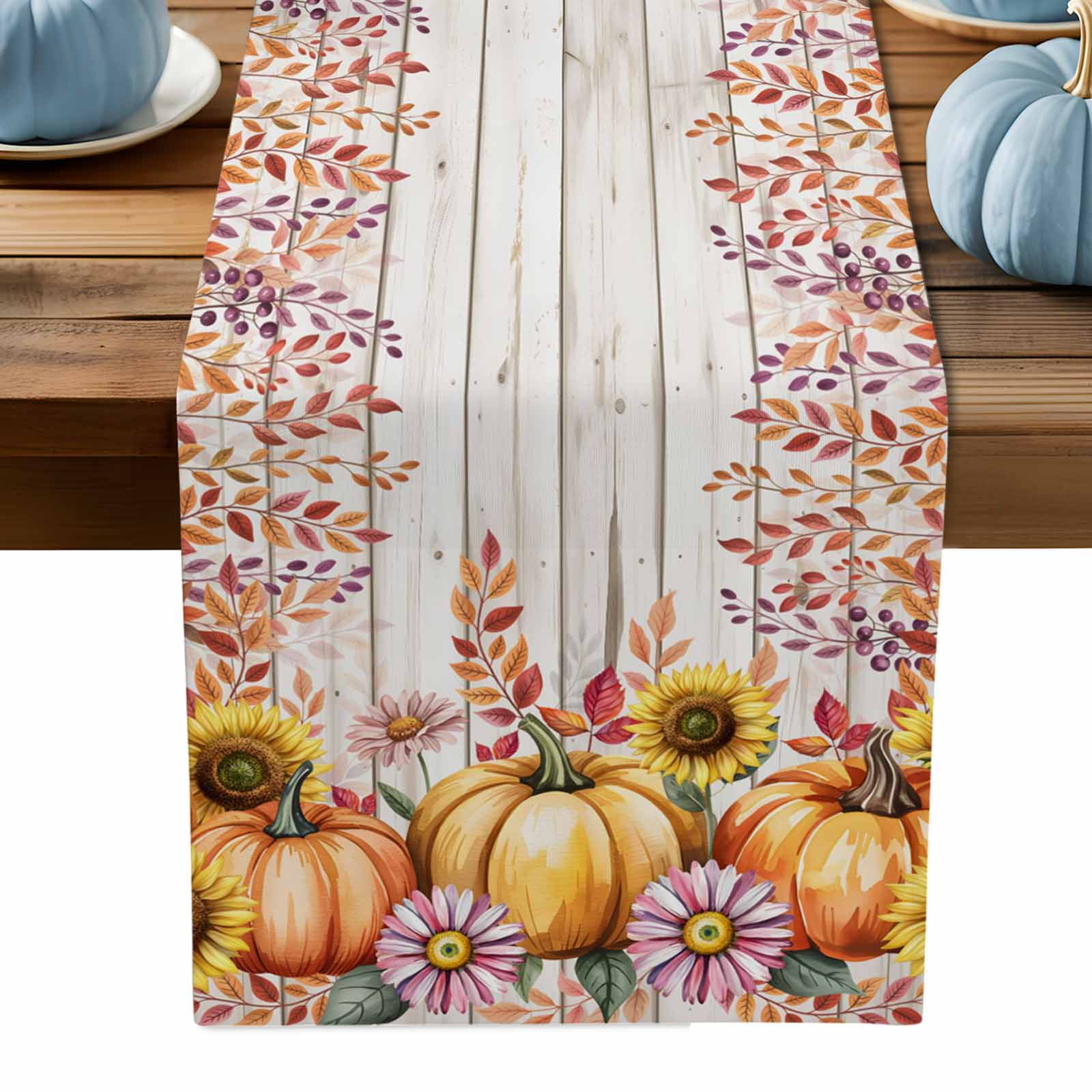 ERUNPONLY Orange Pumpkins Fall Table Runner - 48 Inch Long Eucalyptus ...
