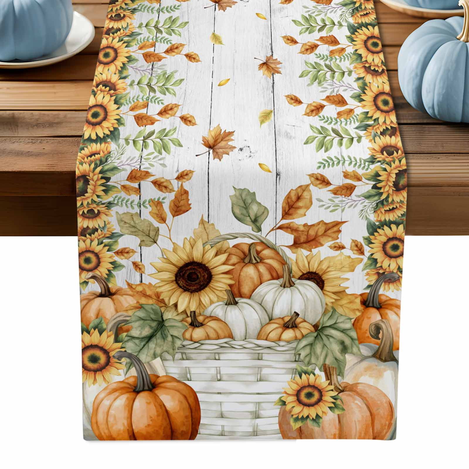 ERUNPONLY Orange Pumpkins Fall Table Runner - 90 Inch Long Sunflower ...