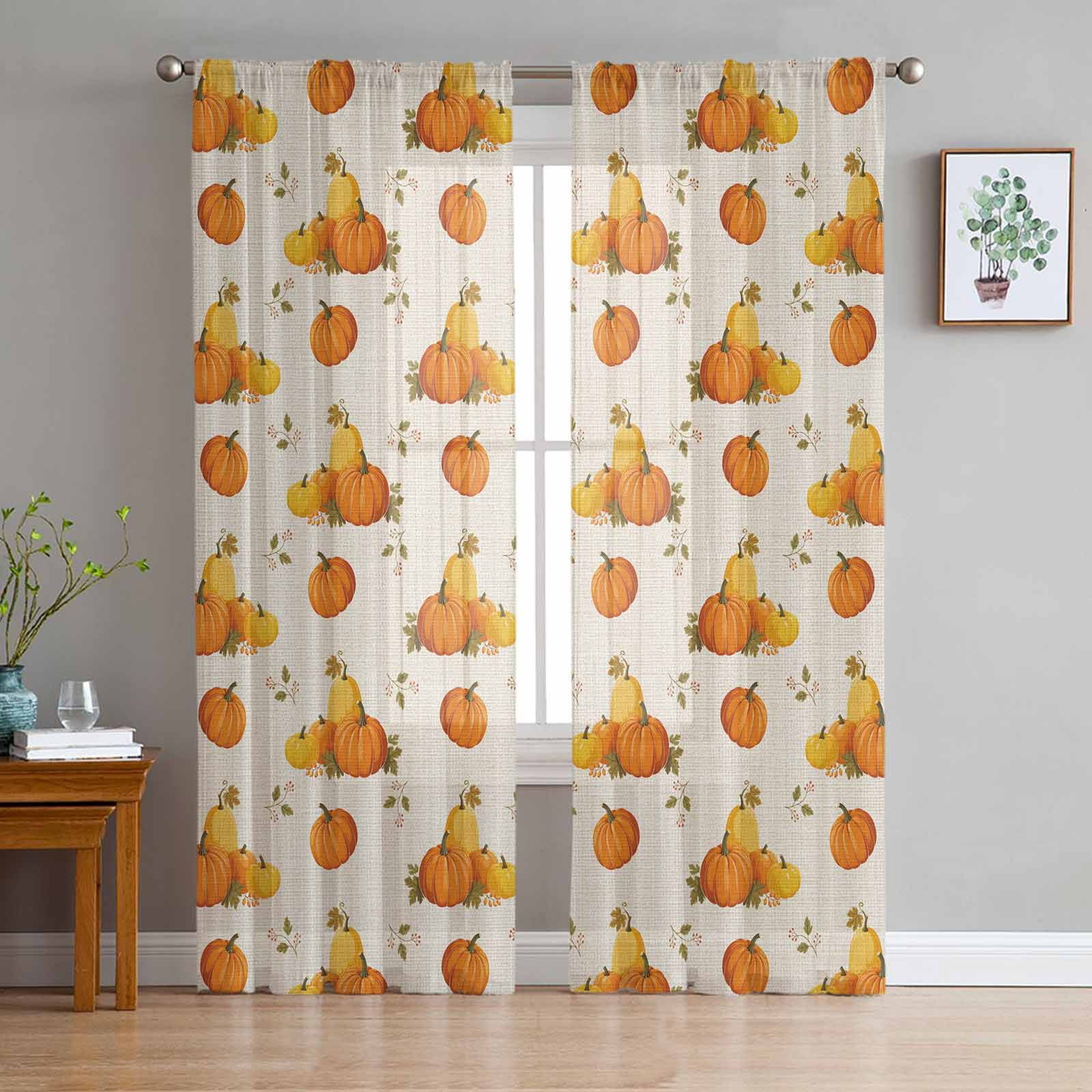 ERUNPONLY Orange Pumpkins Sheer Curtains 72 Inch Length 2 Panels Set ...