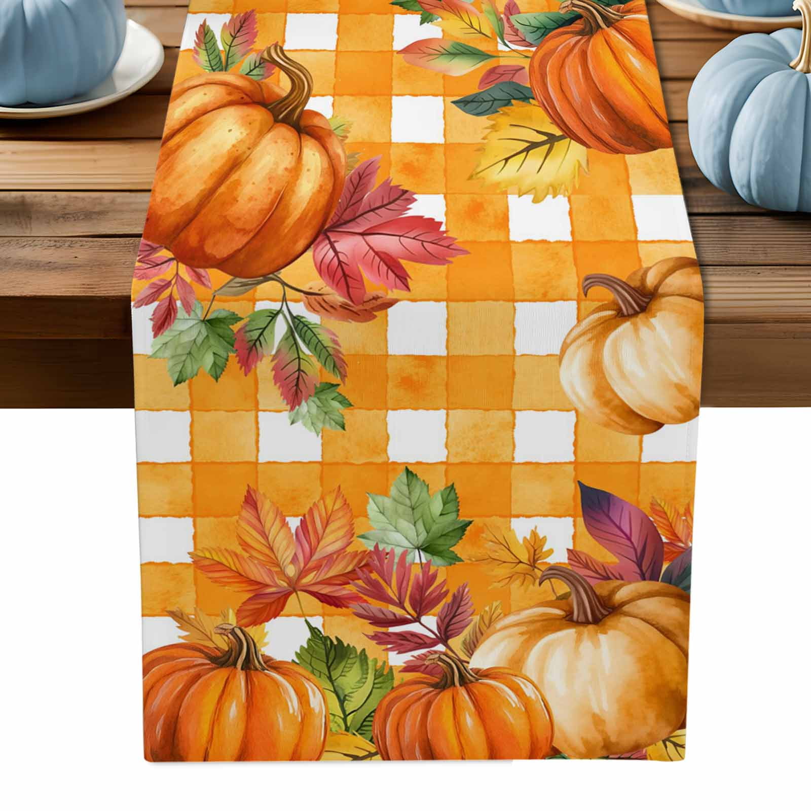 ERUNPONLY Orange Pumpkins Table Runner - 72 Inch Long Checkered Farmhouse Botanical Leaves ...