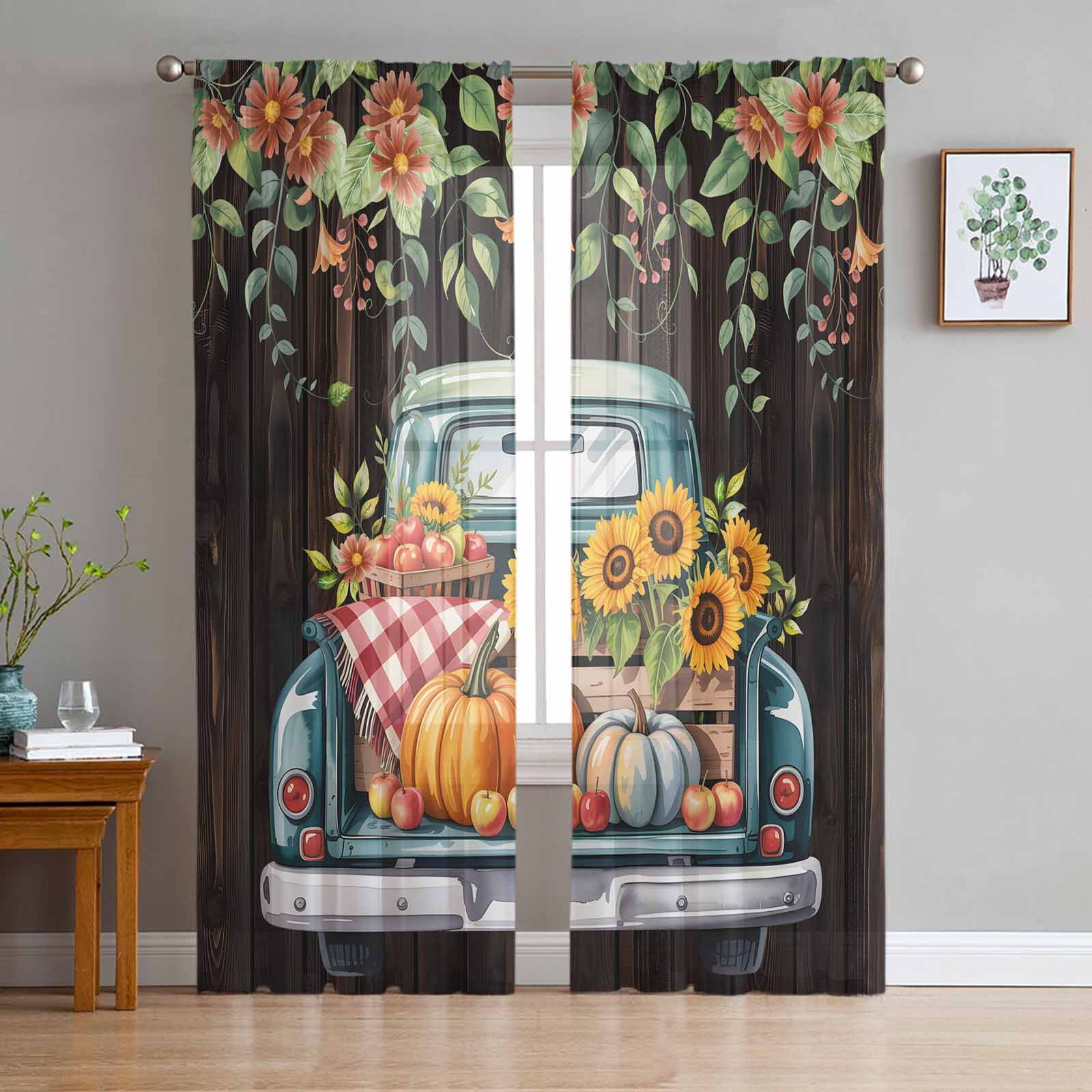 ERUNPONLY Orange Sunflowers Sheer Curtains 96 Inch Length 2 Panels Set ...