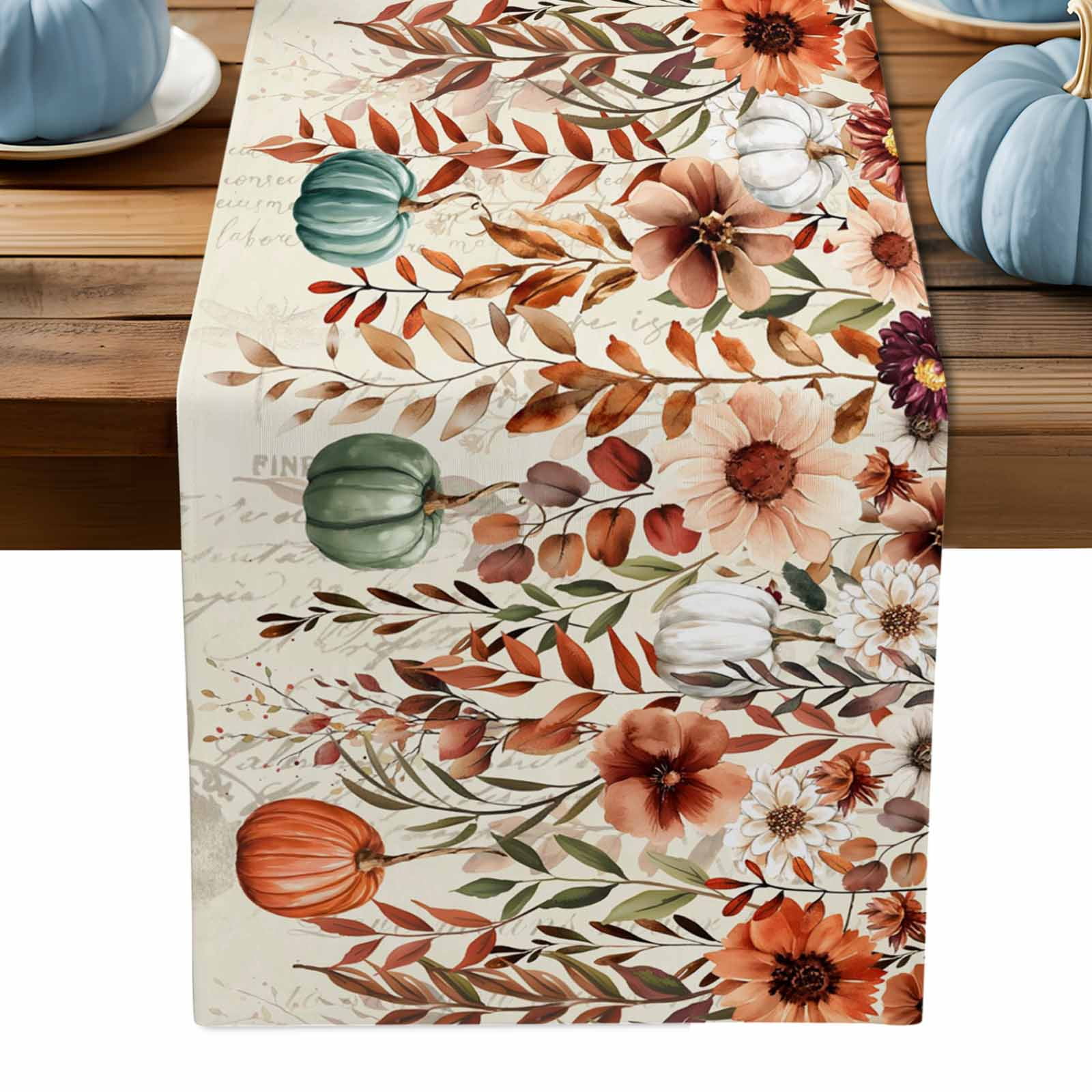 ERUNPONLY Orange Teal Fall Pumpkins Table Runner - 108 Inch Long ...
