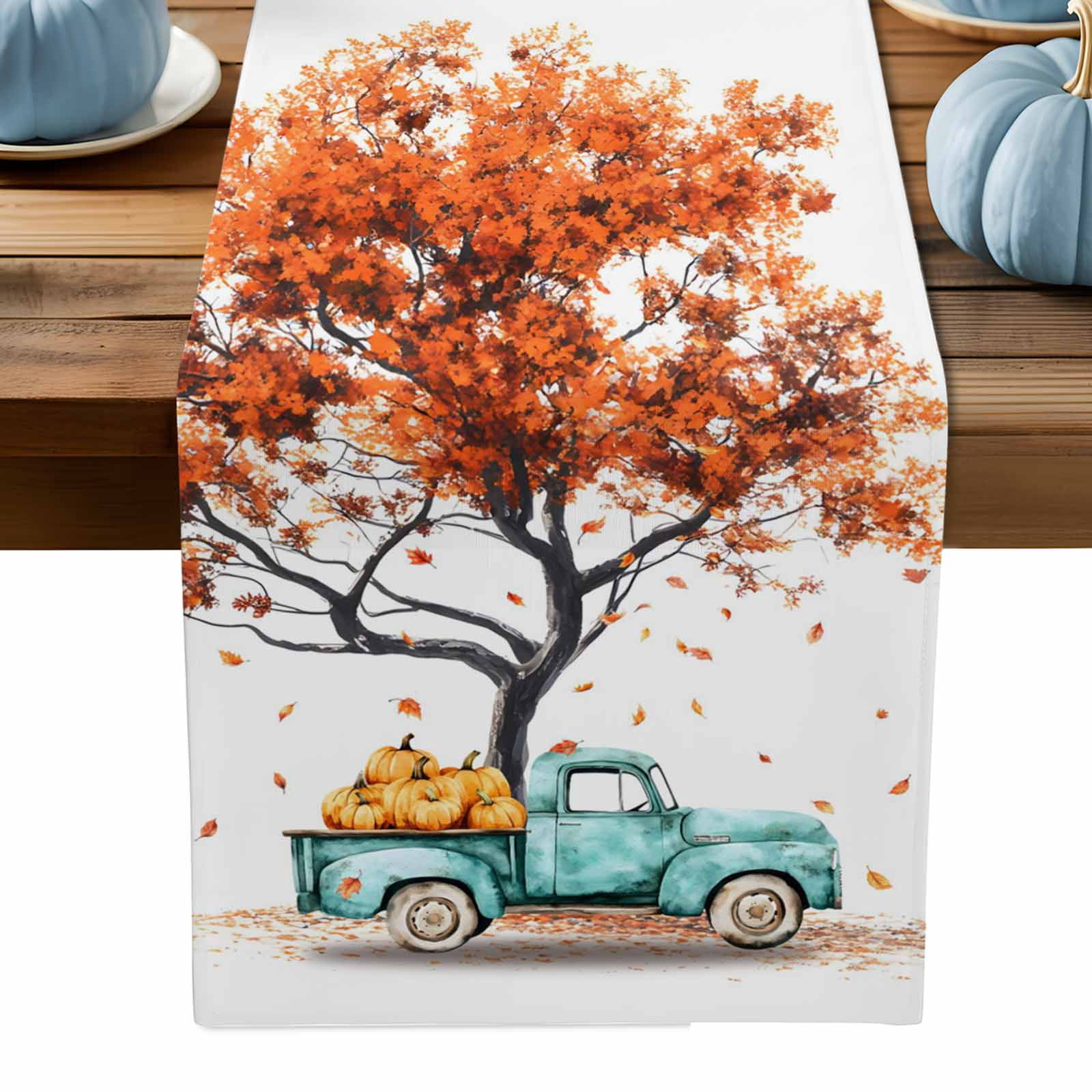ERUNPONLY Orange Tree Fall Table Runner - 72 Inch Long Vintage Teal ...