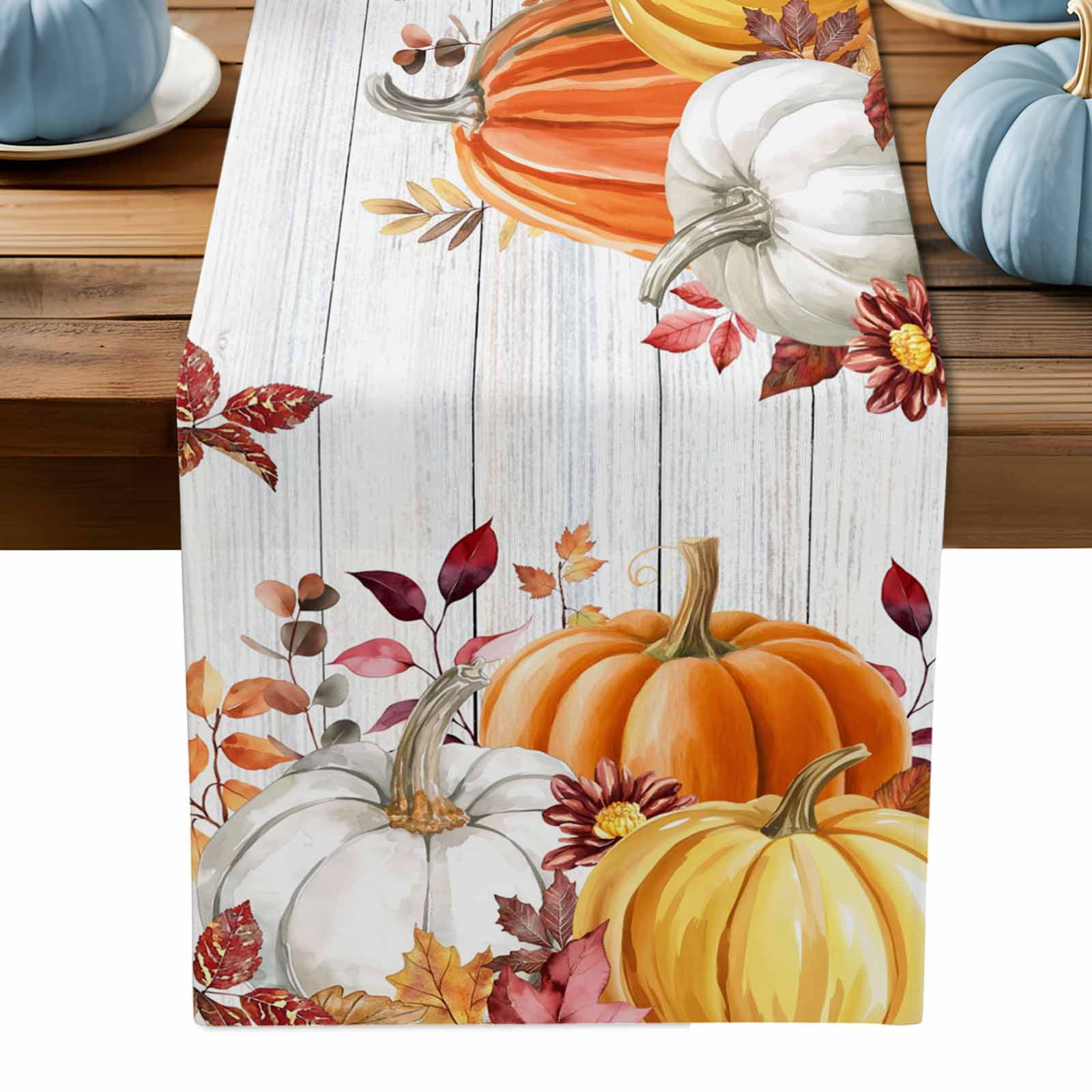ERUNPONLY Orange White Pumpkins Fall Table Runner - 120 Inch Long ...