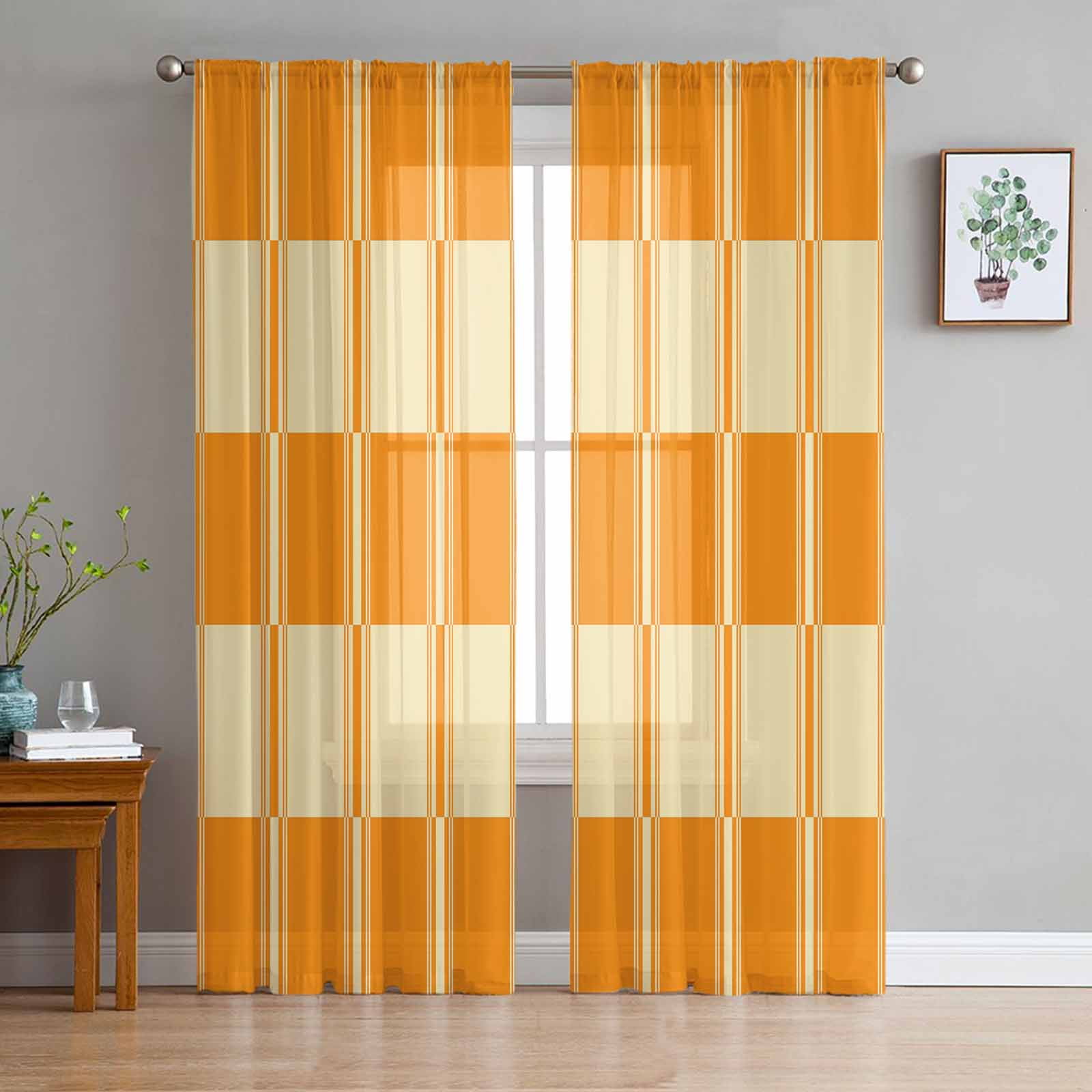 ERUNPONLY Orange Yellow Plaid Sheer Curtains 63 Inch Length 2 Panels ...