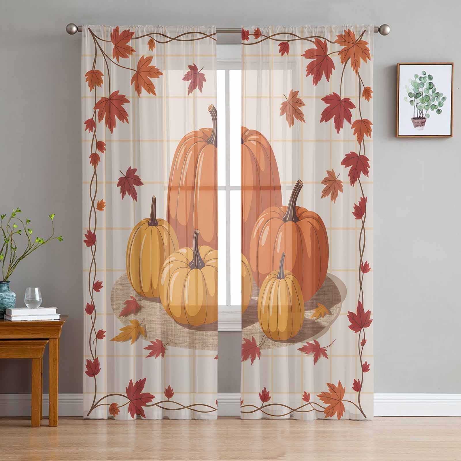 ERUNPONLY Orange Yellow Pumpkin Fall Sheer Curtains 72 Inch Length 2 ...