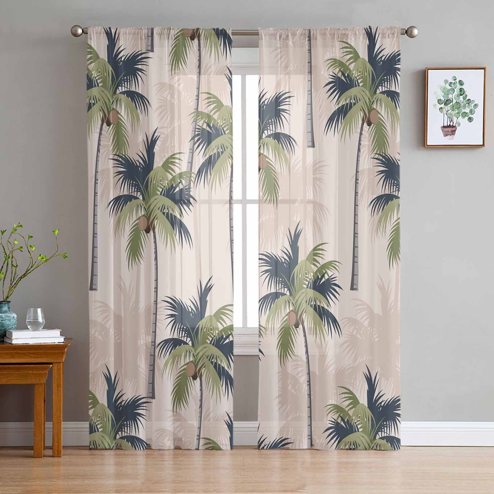 ERUNPONLY Palm Tree Sheer Curtains 84 Inch Length 2 Panels Set ...