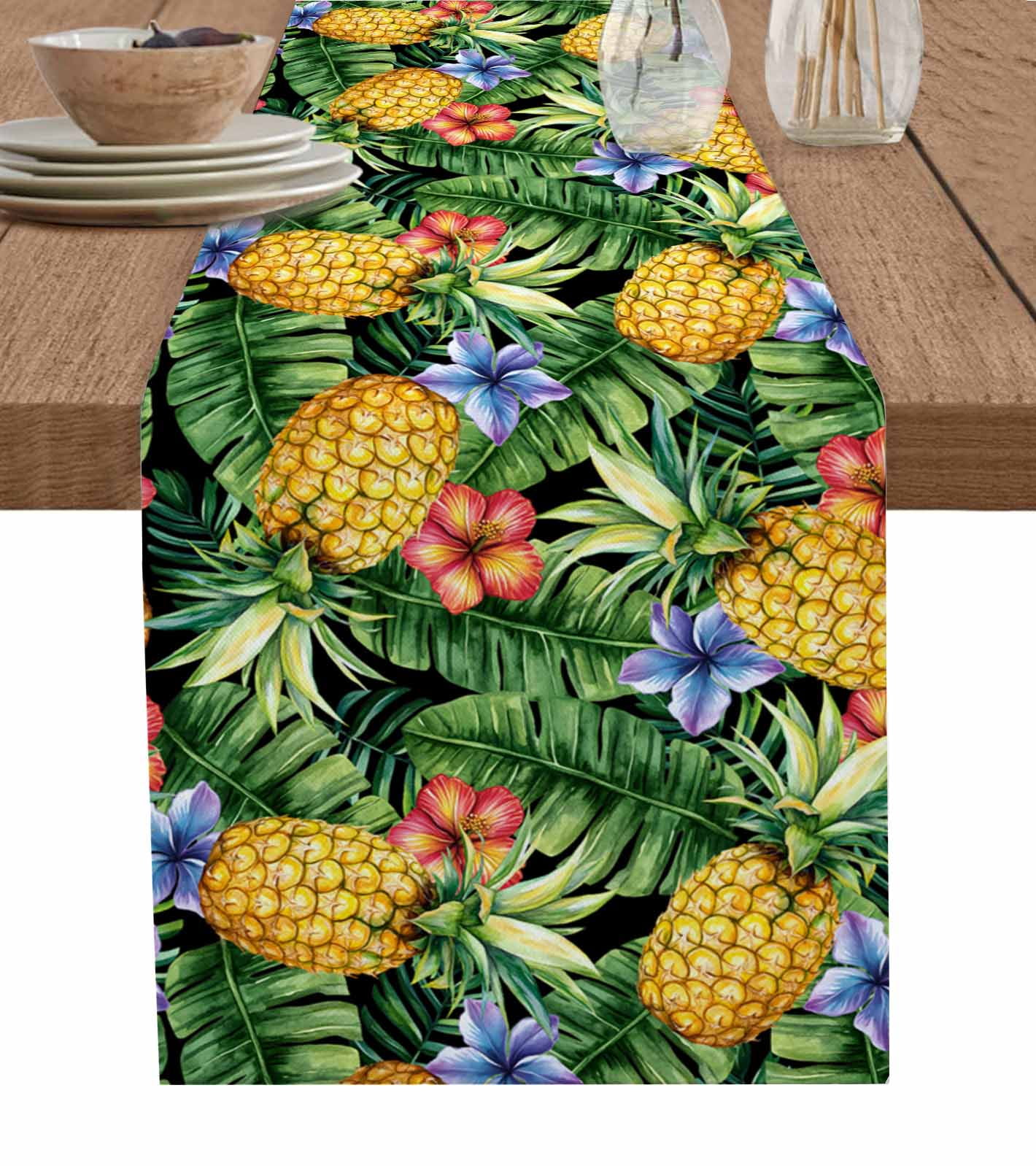 ERUNPONLY Pineapple Table Runner - 48 Inch Long Summer Fruit Green Tropical Palm Leaves Cotton ...