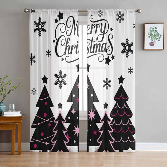 ERUNPONLY Pink Black Christmas Tree Sheer Curtains 72 Inch Length 2 ...