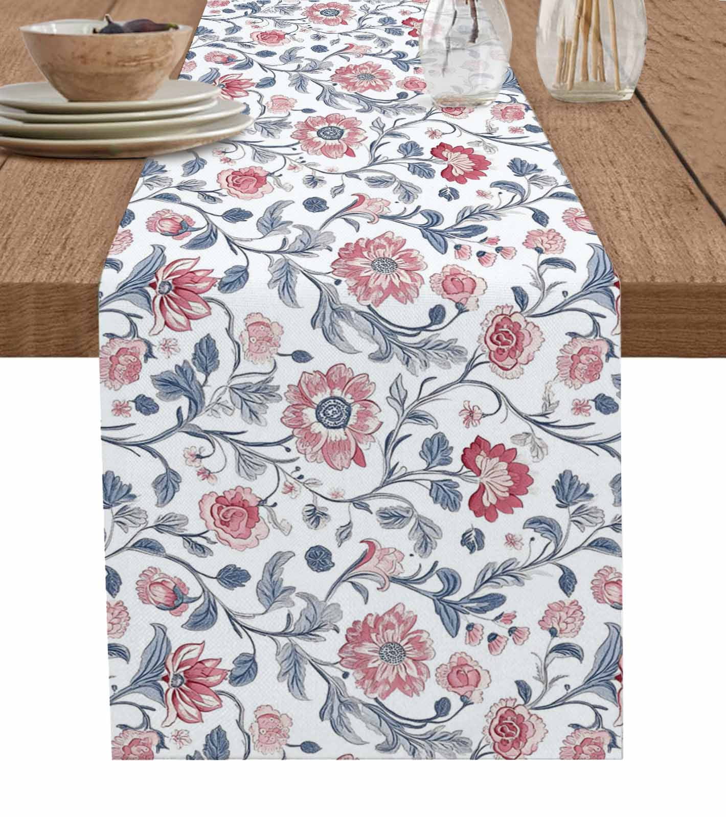 ERUNPONLY Pink Blue Floral Table Runner - 70 Inch Long Retro Farmhouse ...