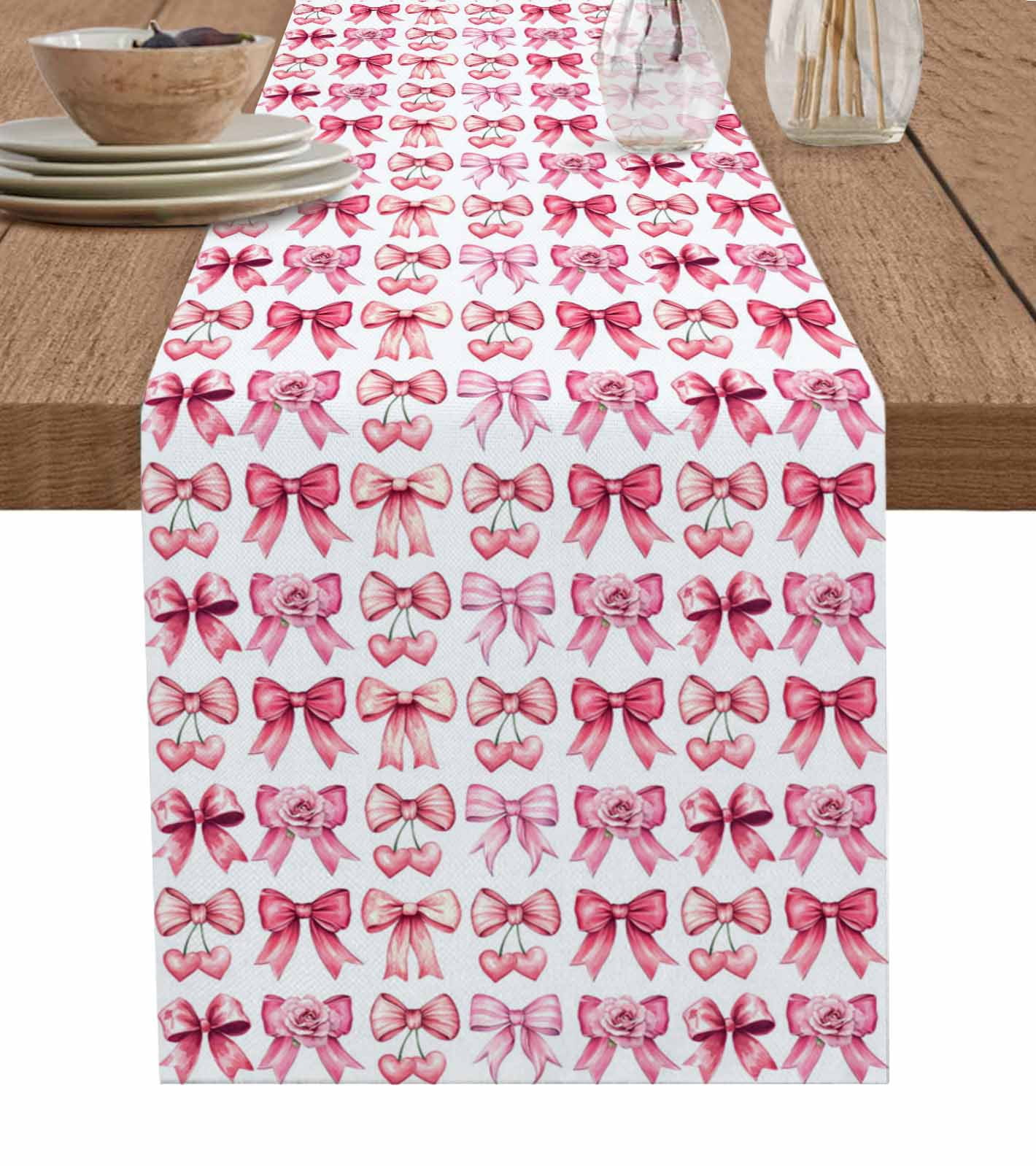ERUNPONLY Pink Bow Table Runner - 72 Inch Long Roses Floral Cute Cherry ...