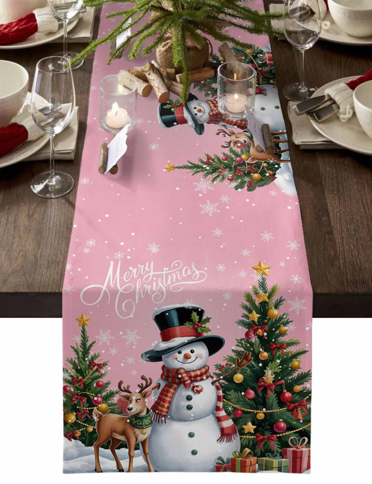 ERUNPONLY Pink Christmas Table Runner - 90 Inch Long Xmas Snowman Tree ...