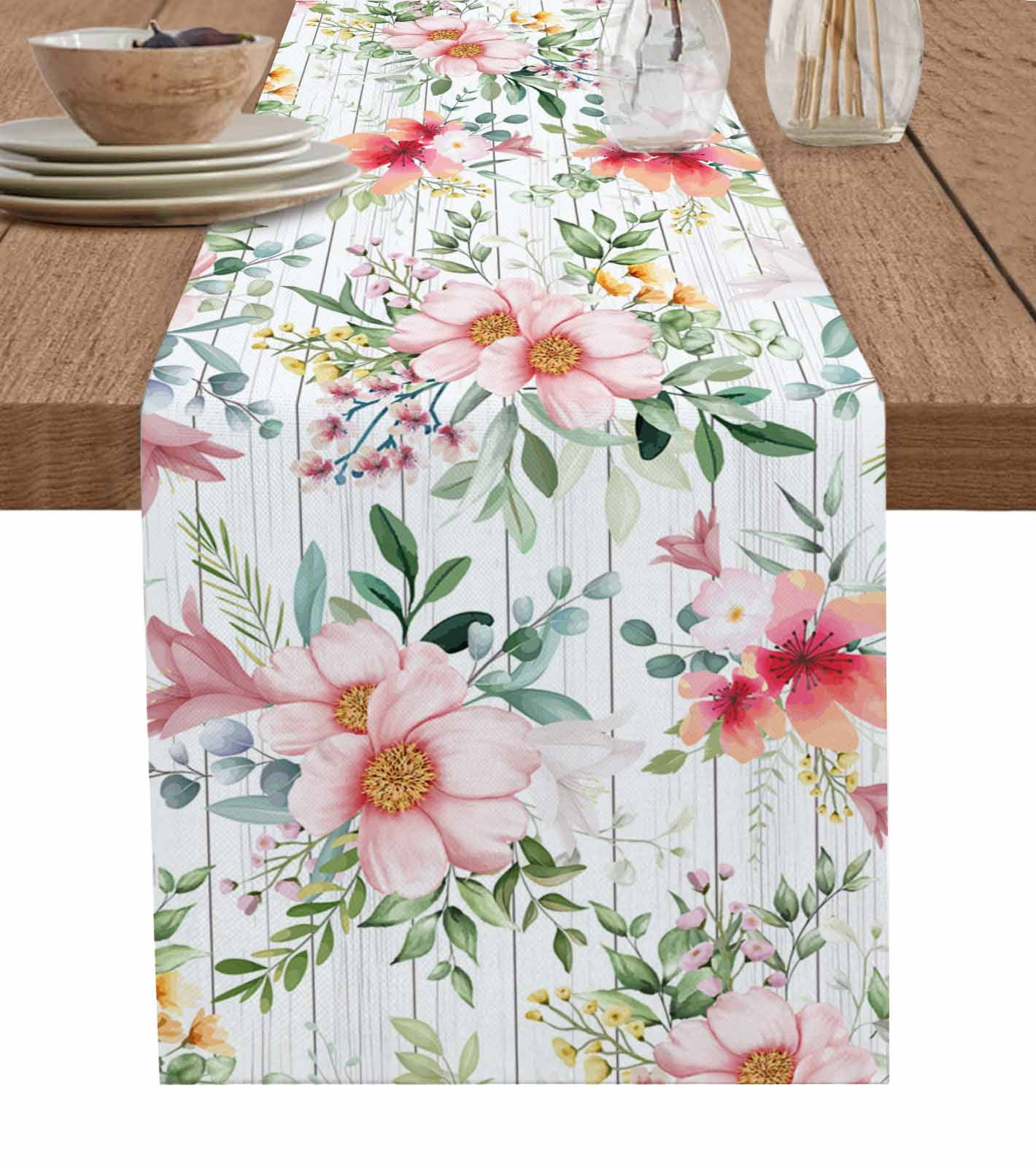 ERUNPONLY Pink Floral Table Runner - 120 Inch Long Spring Pastoral ...