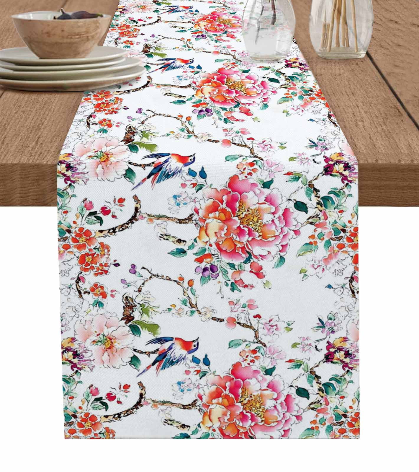 ERUNPONLY Pink Floral Table Runner - 72 Inch Long Vintage Oil Painting ...