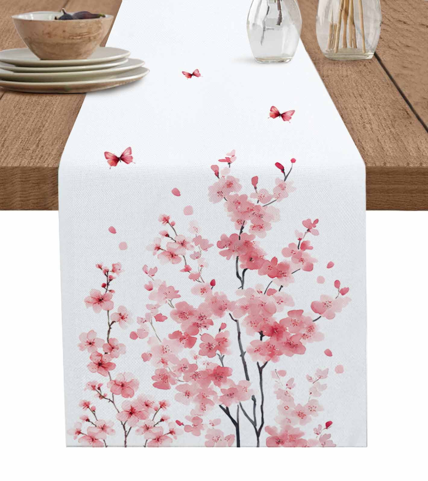 ERUNPONLY Pink Flowers Butterfly Table Runner - 108 Inch Long ...