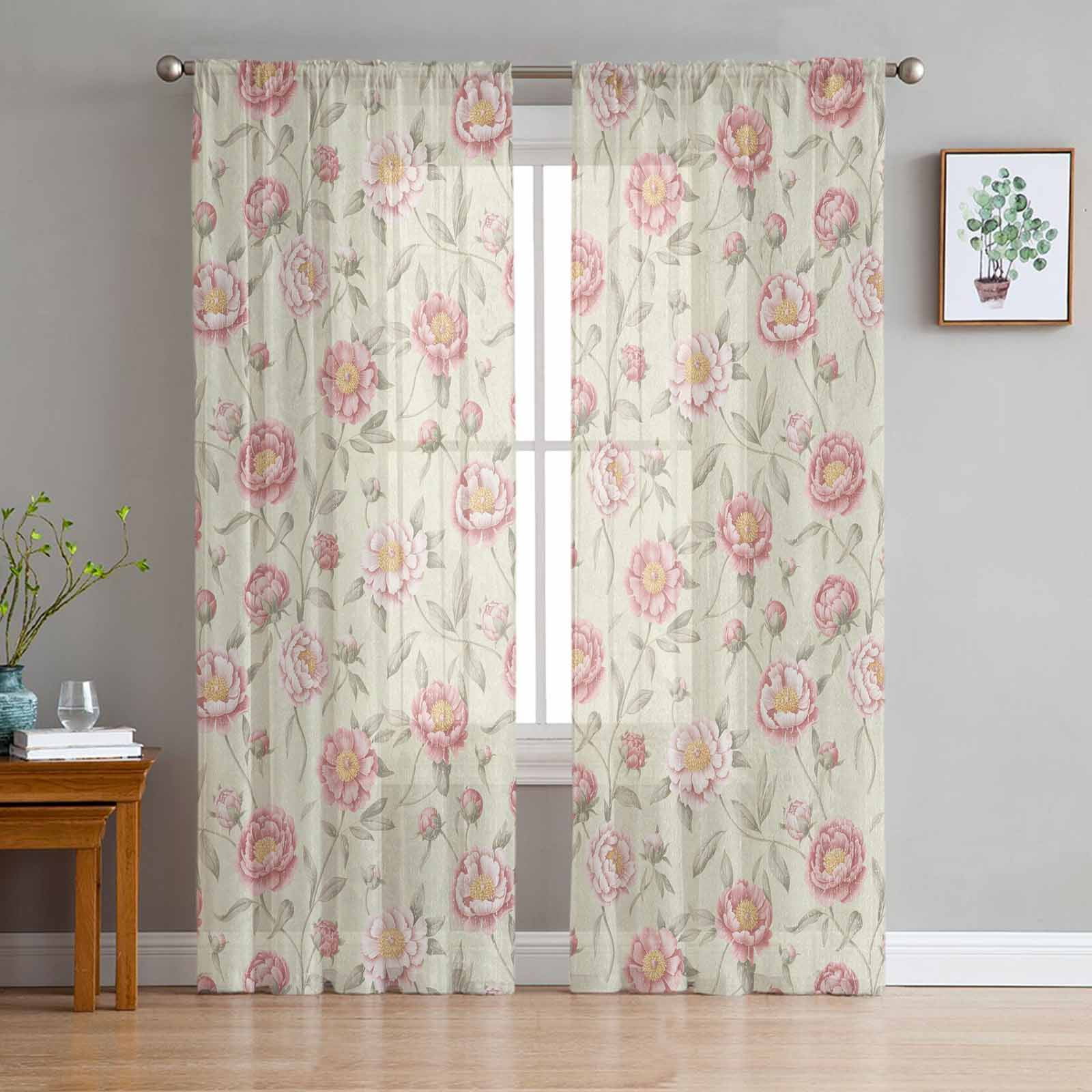 ERUNPONLY Pink Flowers Sheer Curtains 84 Inch Length 2 Panels Set ...