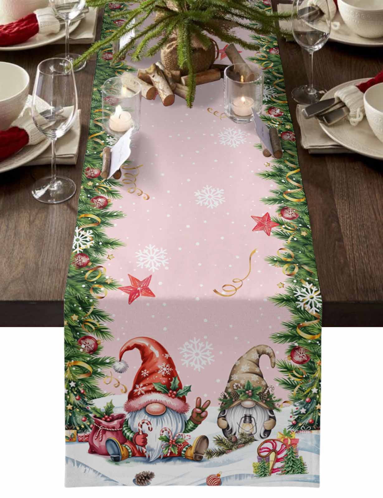 ERUNPONLY Pink Gnomes Christmas Table Runner - 90 Inch Long Xmas Tree ...